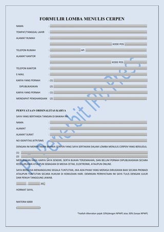 Formulir lomba menulis cerpen IPB Press 2014 | PDF