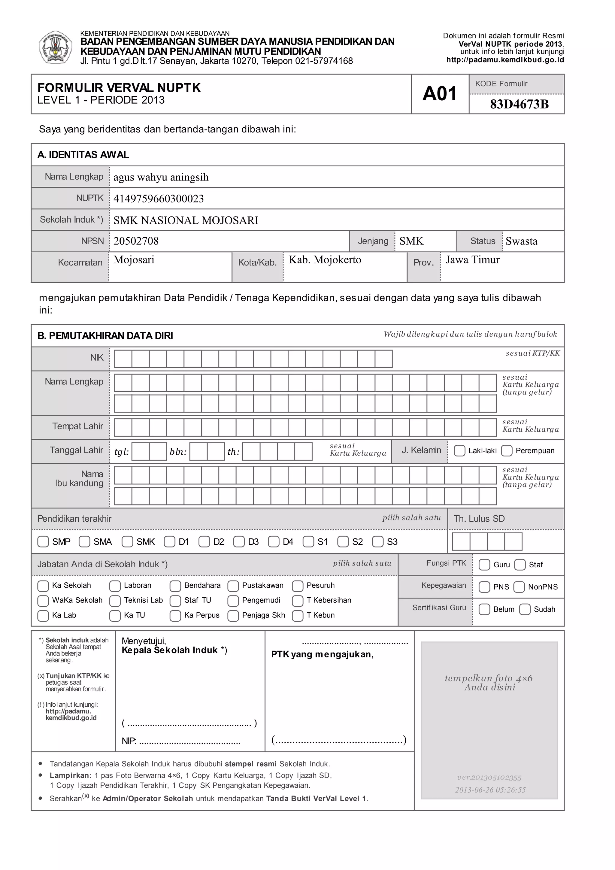 Formulir nuptk a01_6 | PDF