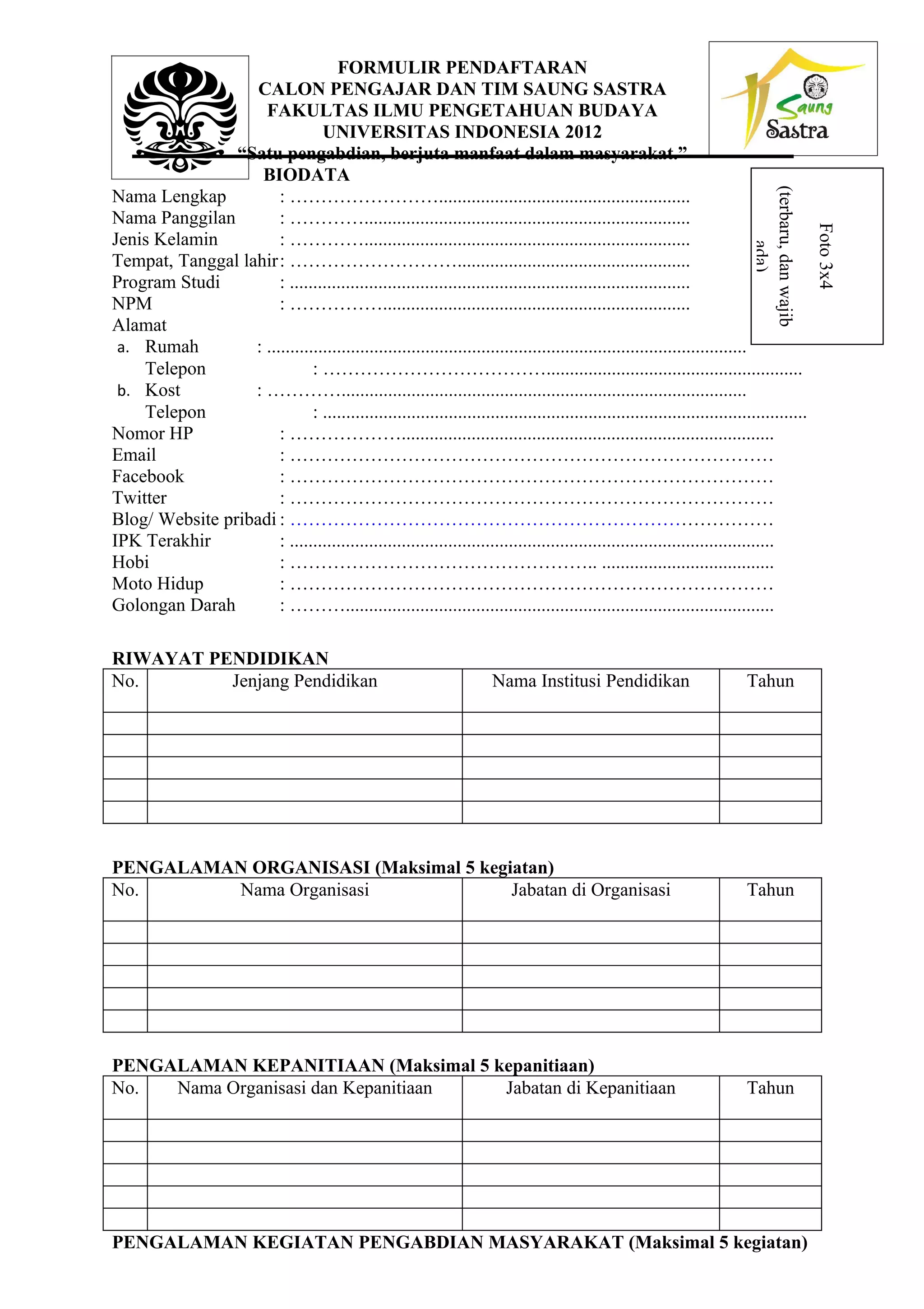 Formulir oprec saung sastra | DOC