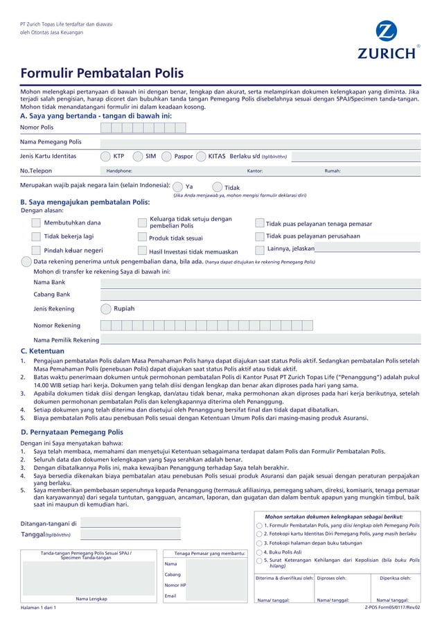 Contoh Formulir pembatalan polis | PDF