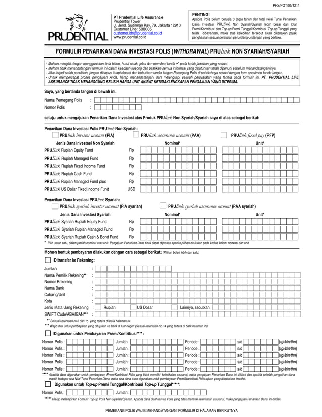 Formulir Penarikan Dana Asuransi Prudential | PDF
