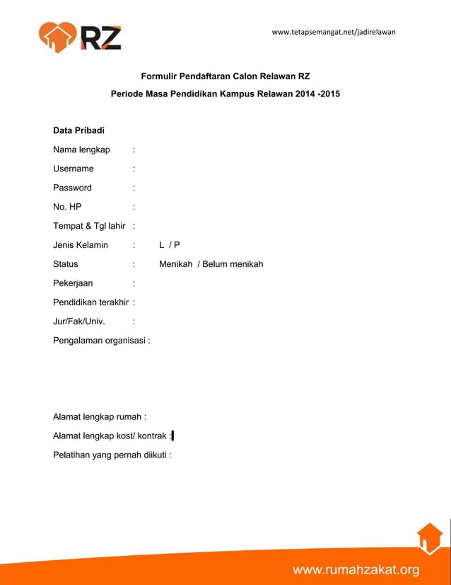 Form Registrasi Calon Relawan RZ periode 2014 | DOC