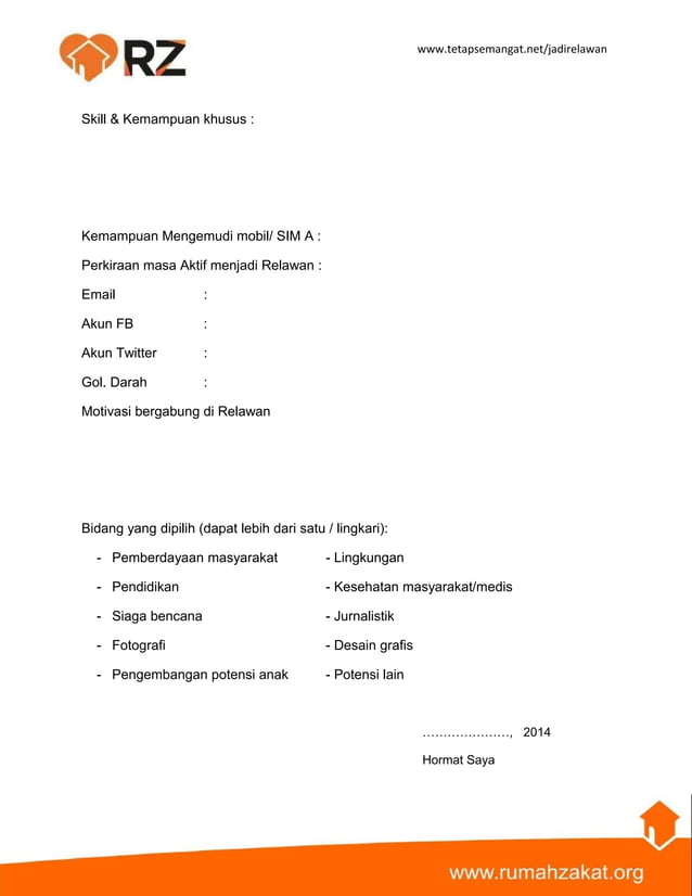 Form Registrasi Calon Relawan RZ periode 2014 | DOC