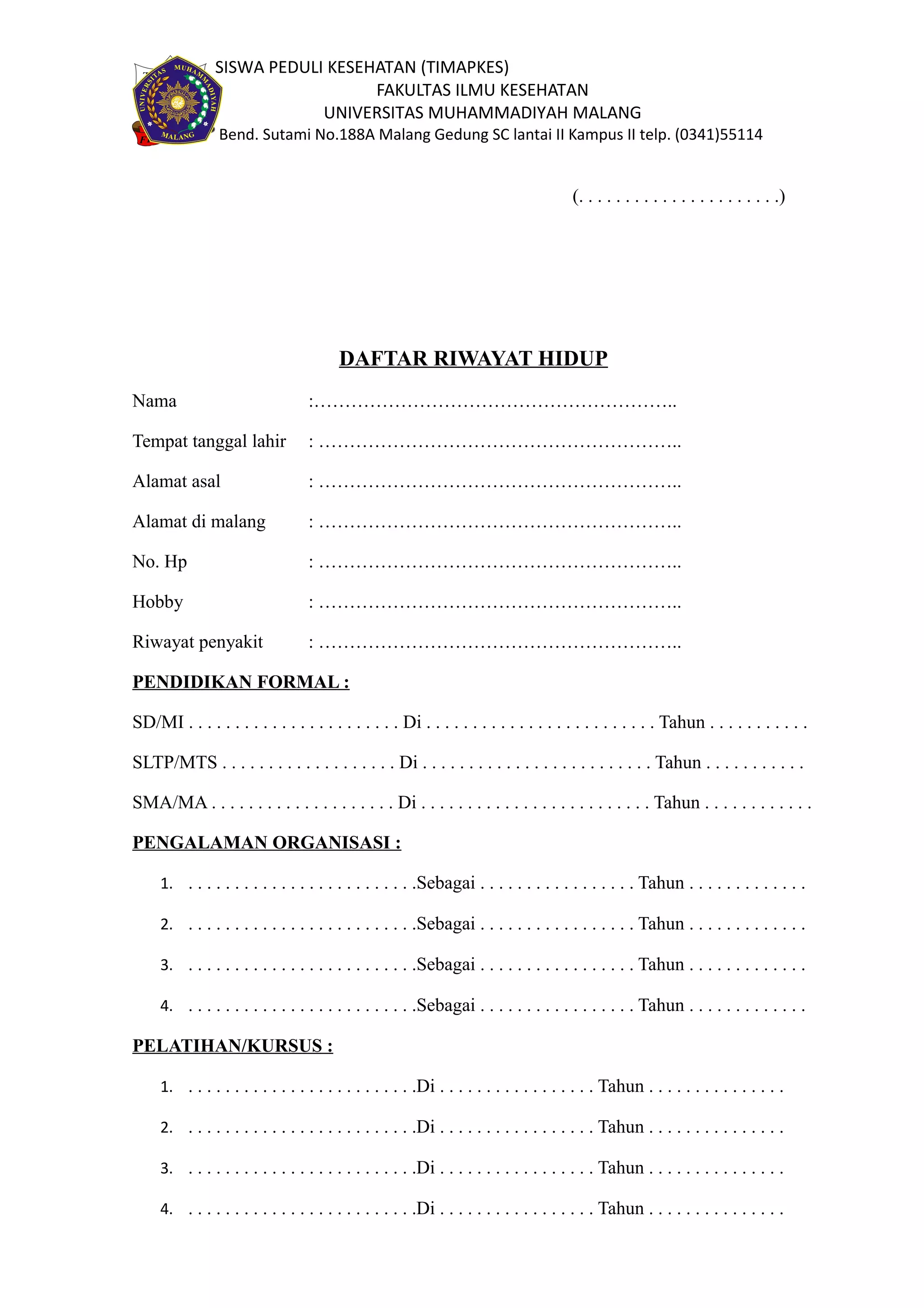 Formulir pendaftaran TIMAPKES FIKES UMM | RTF