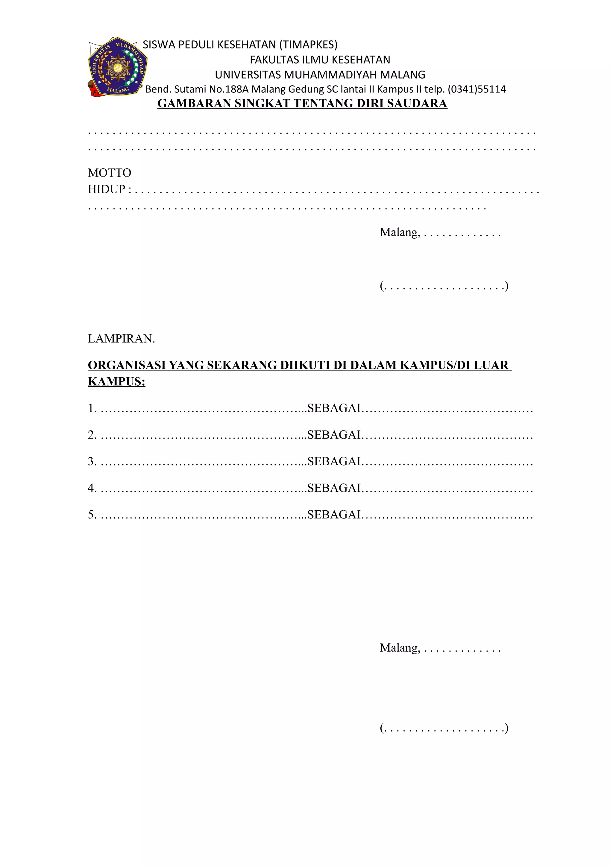 Formulir pendaftaran TIMAPKES FIKES UMM | RTF