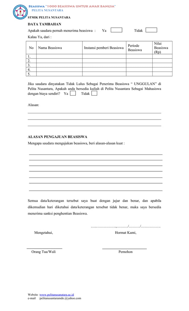 Formulir pendaftaran beasiswa 2015 | DOC