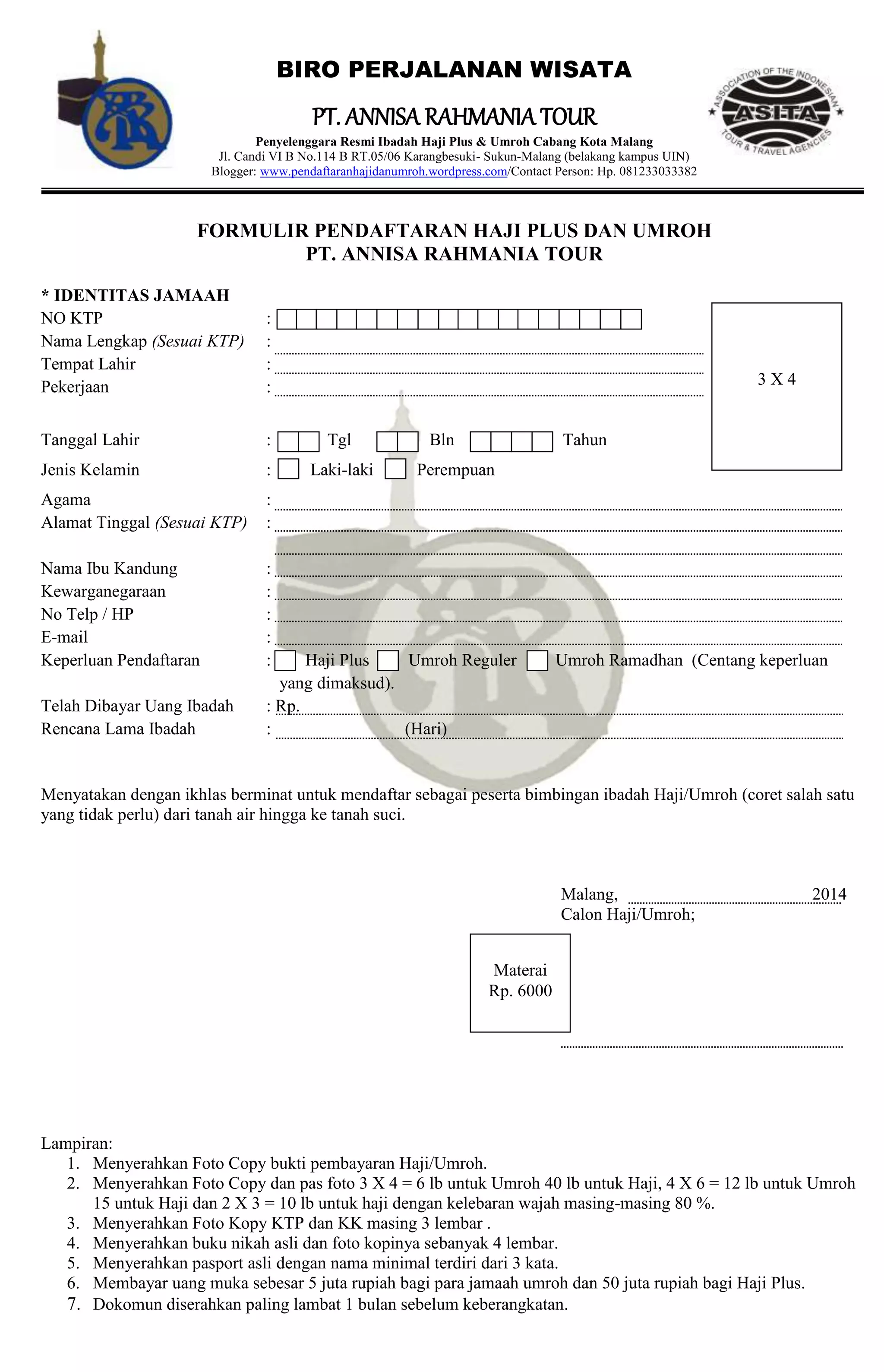 Formulir pendaftaran haji dan umroh | DOCX
