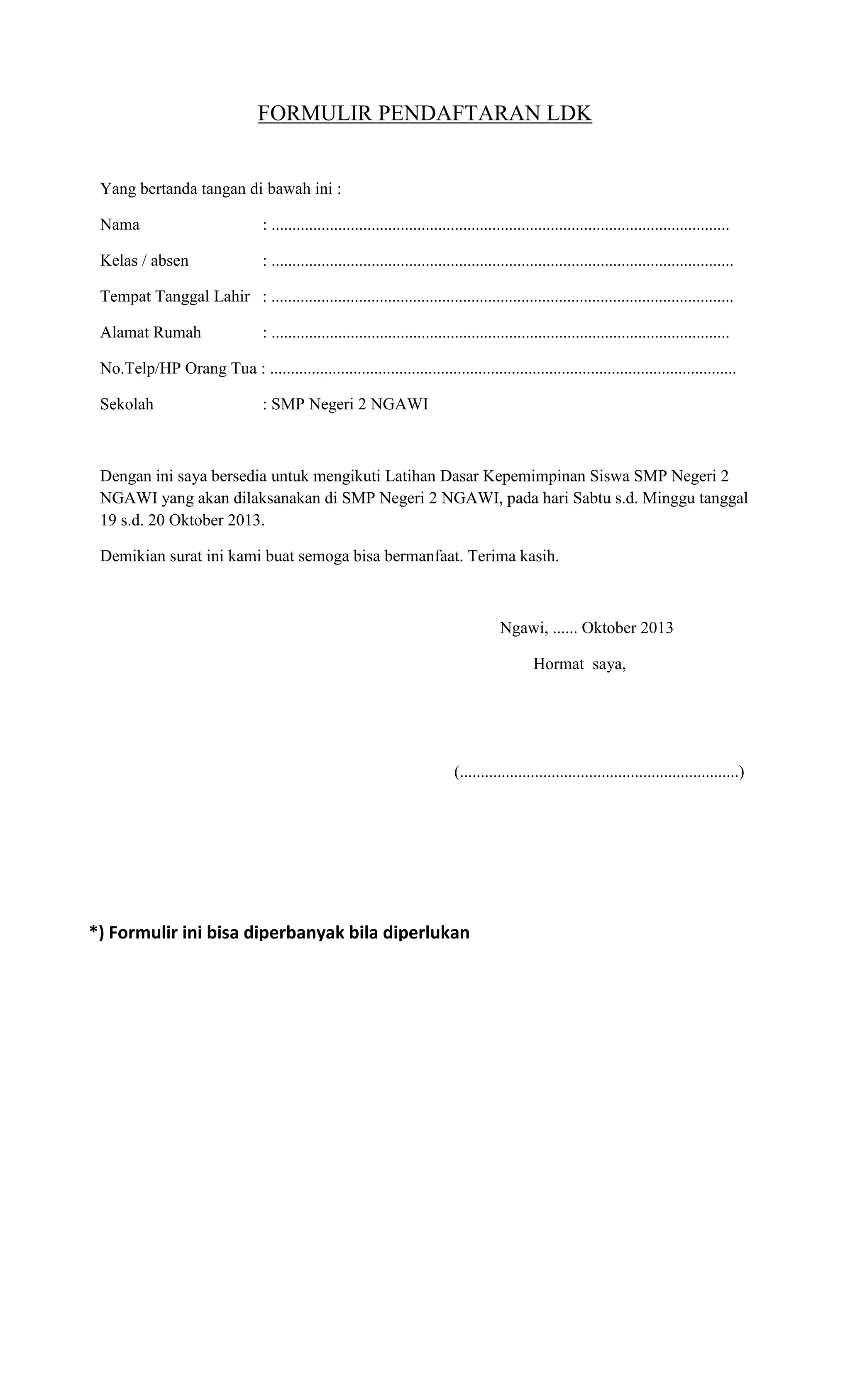 Formulir pendaftaran ldk | PDF