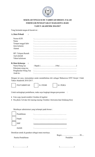 Formulir Pendaftaran Mahasiswa Baru Tahun Akademik 2016 2017 | DOC