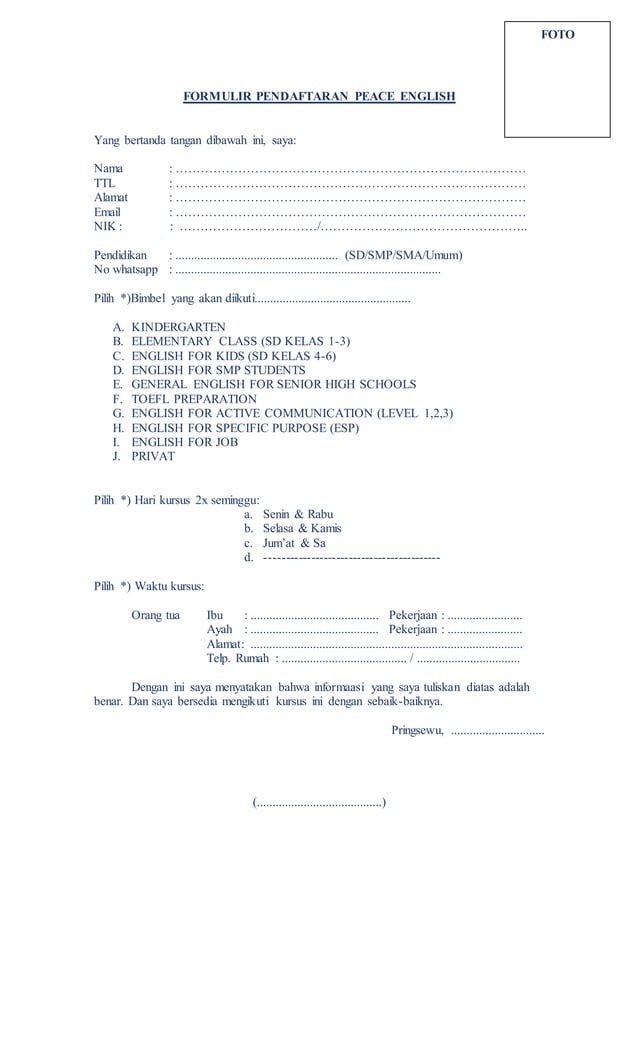 Formulir pendaftaran peace english | DOCX