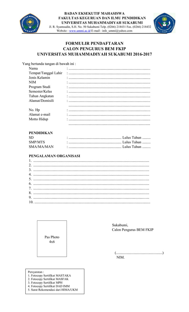 Formulir pendaftaran pengurus bem fkip | PDF