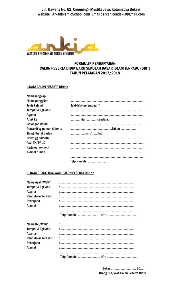 Formulir Pendaftaran SDIT ARKAN ISLAMIC SCHOOL | DOC