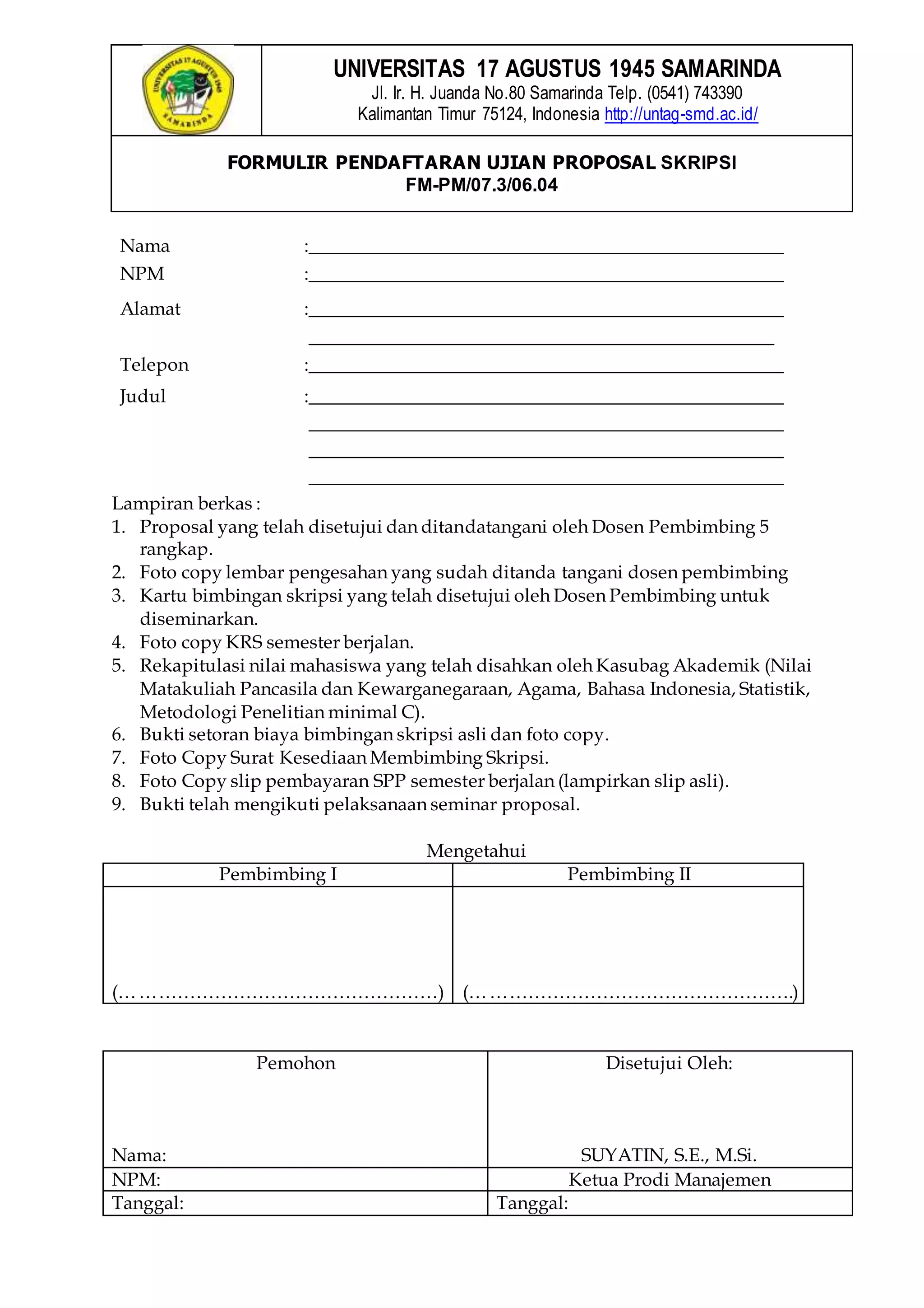 Formulir pendaftaran seminar proposal manajemen new | PDF