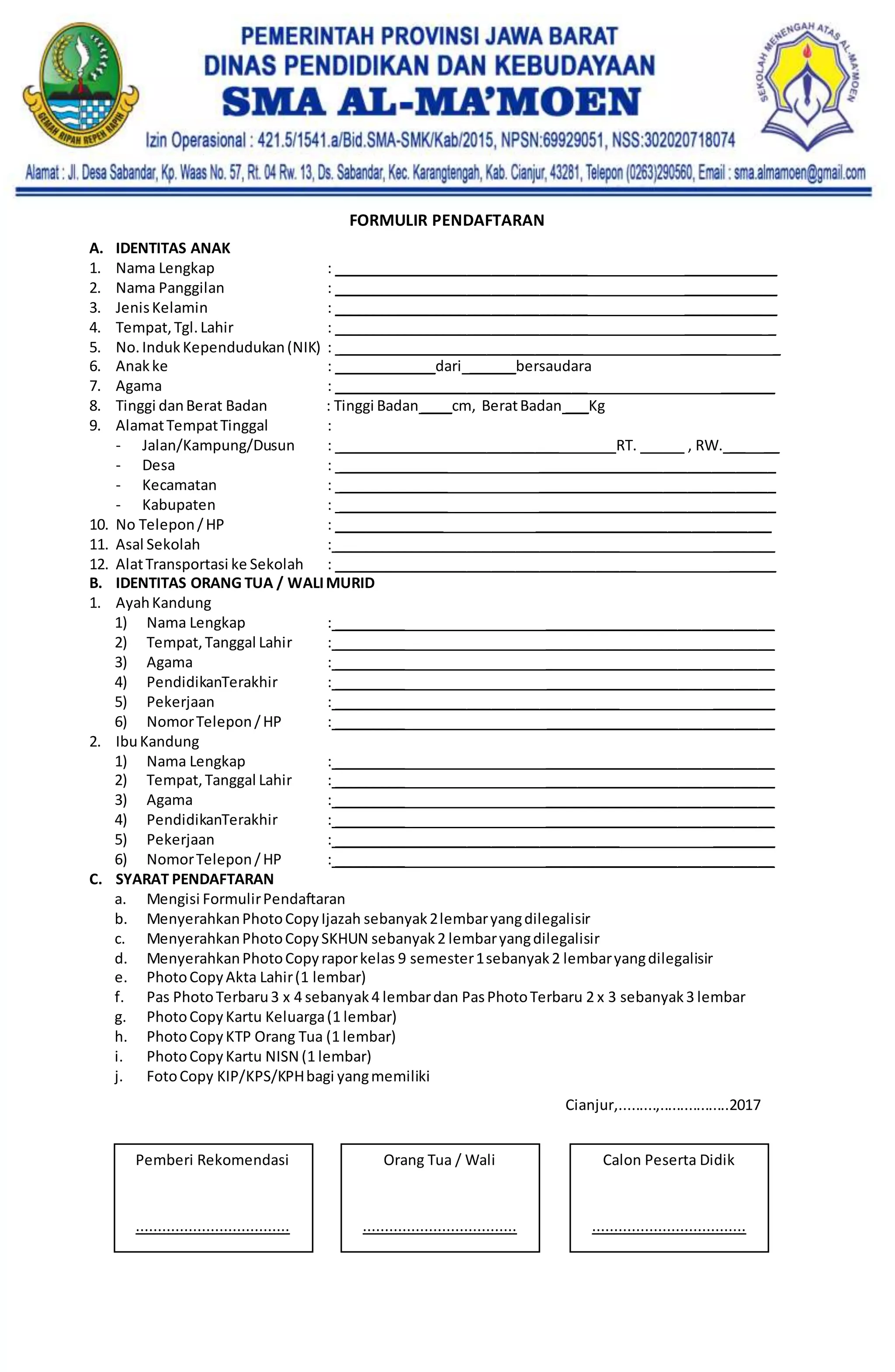 Formulir pendaftaran sma al ma'moen | PDF