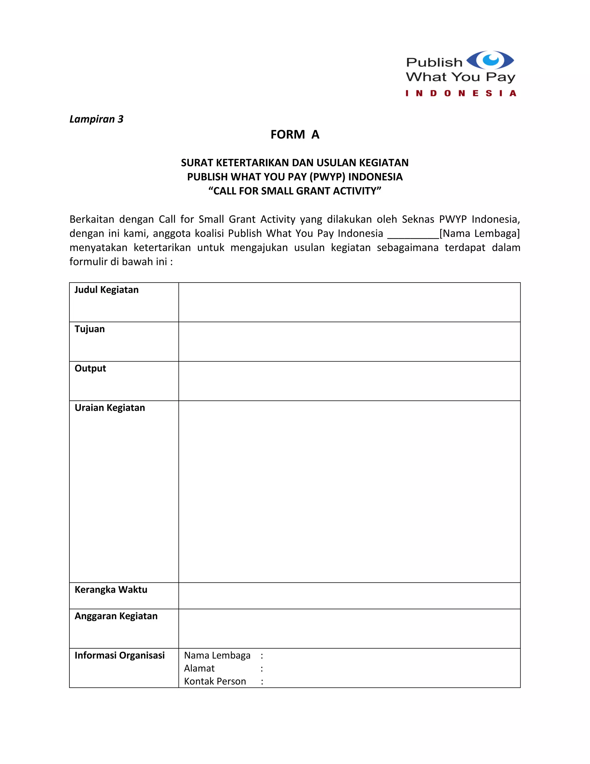 Formulir pengajuan Small Grant Activity PWYP Indonesia | PDF