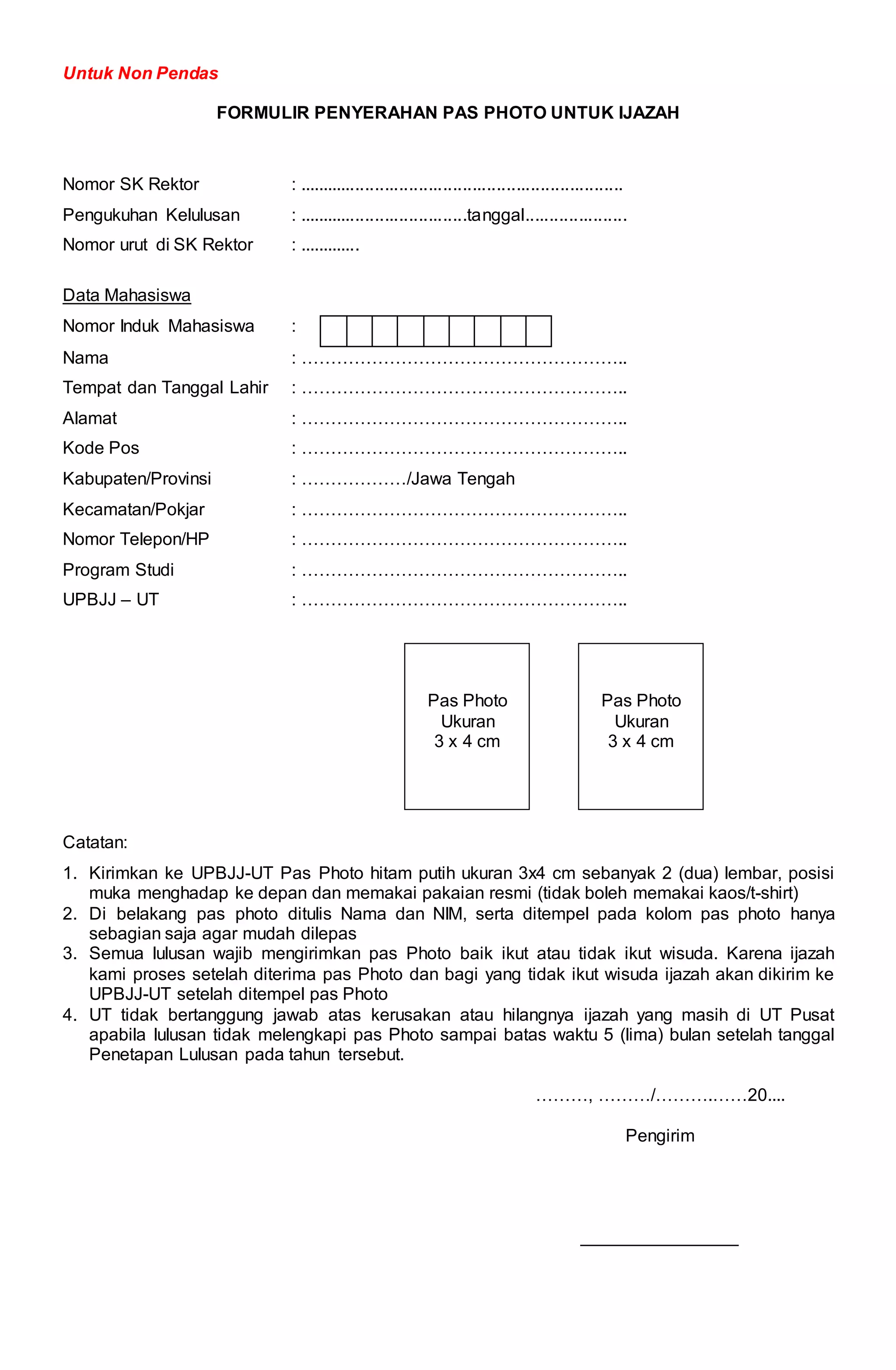Formulir penyerahan pasphoto untuk ijazah | DOCX
