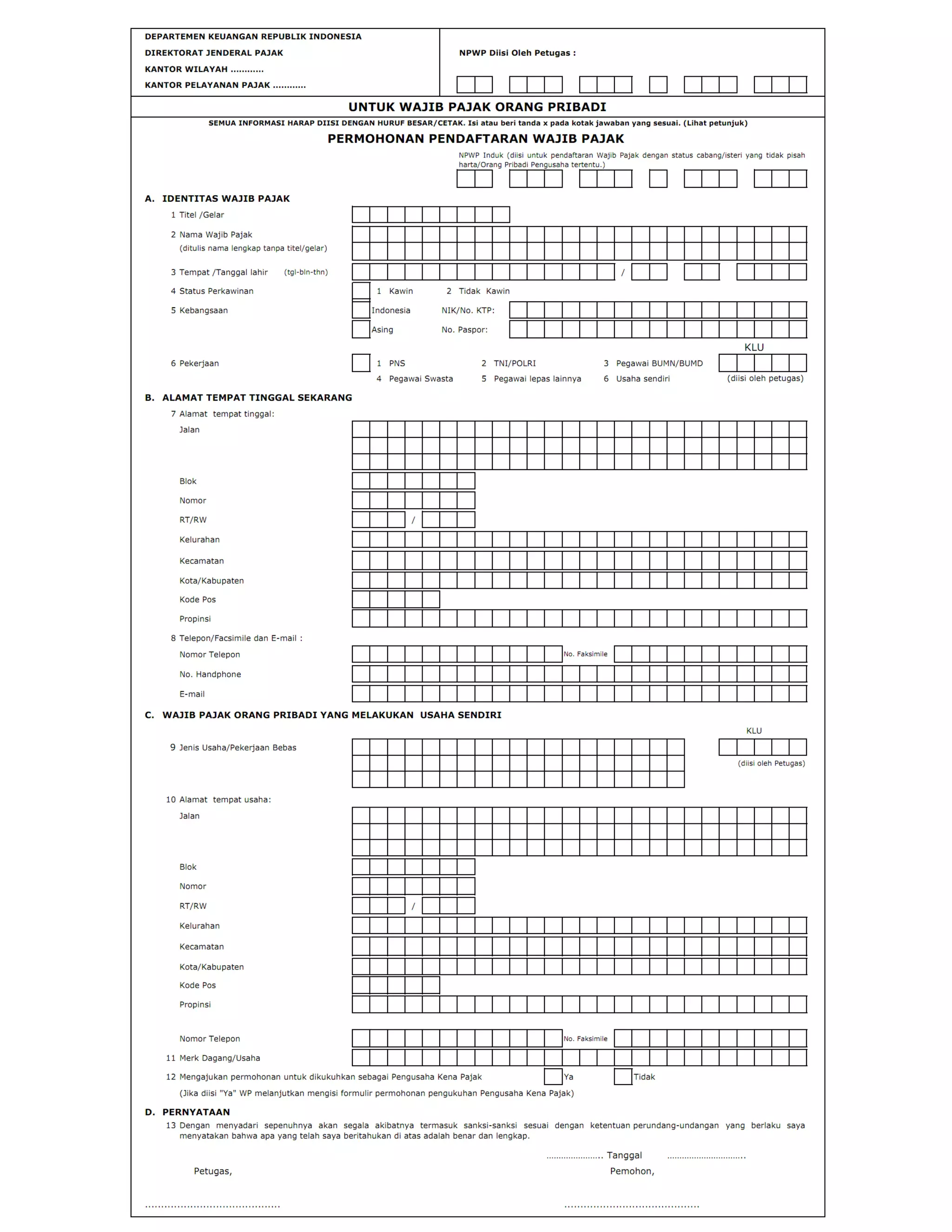 NPWP&NPPKP ::: Formulir permohonan pendaftaran wp untuk orang pribadi ...