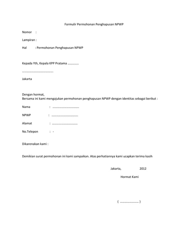 Formulir permohonan penghapusan npwp | DOCX