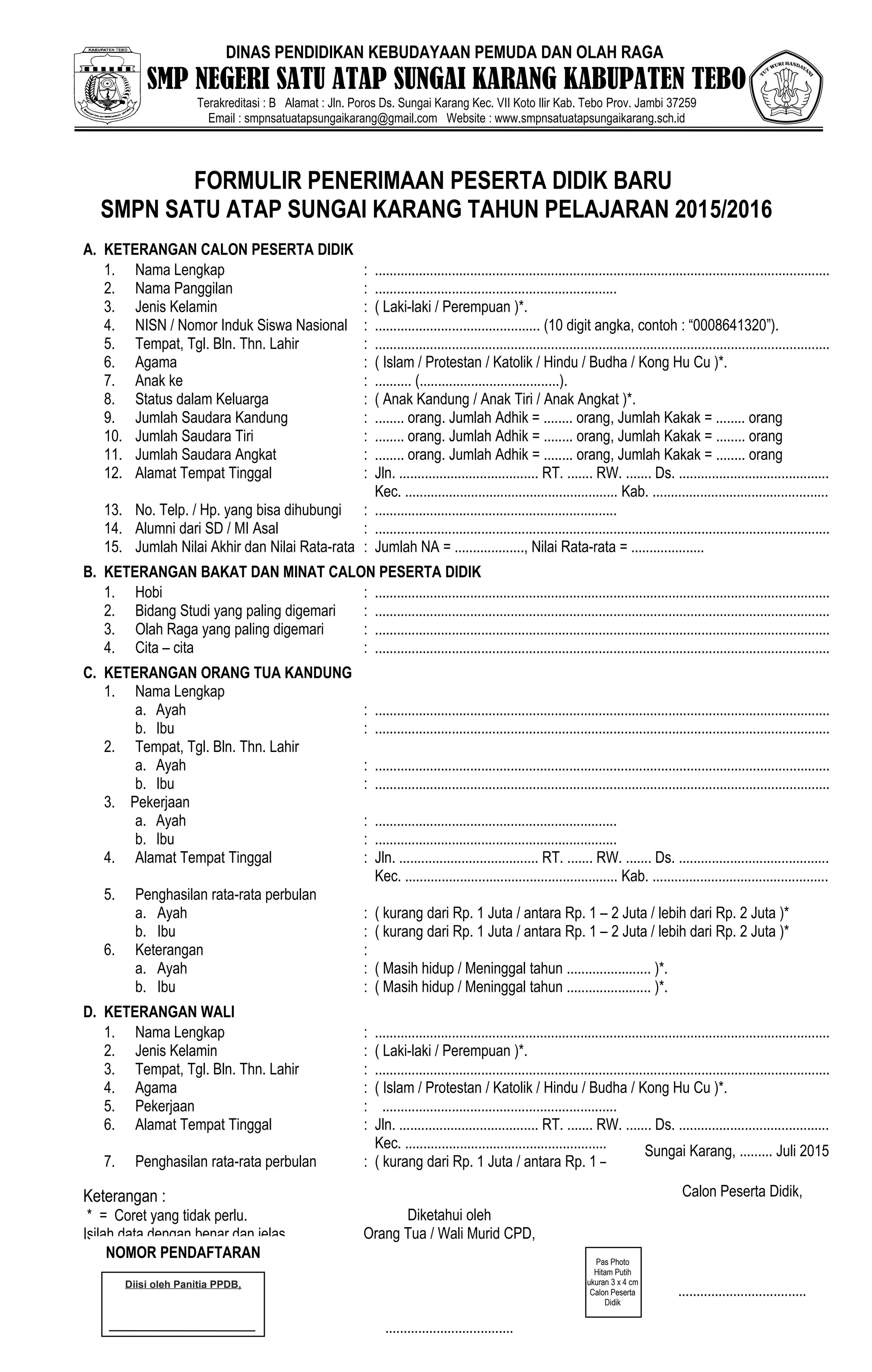 Formulir psb smp. 2015 | PDF