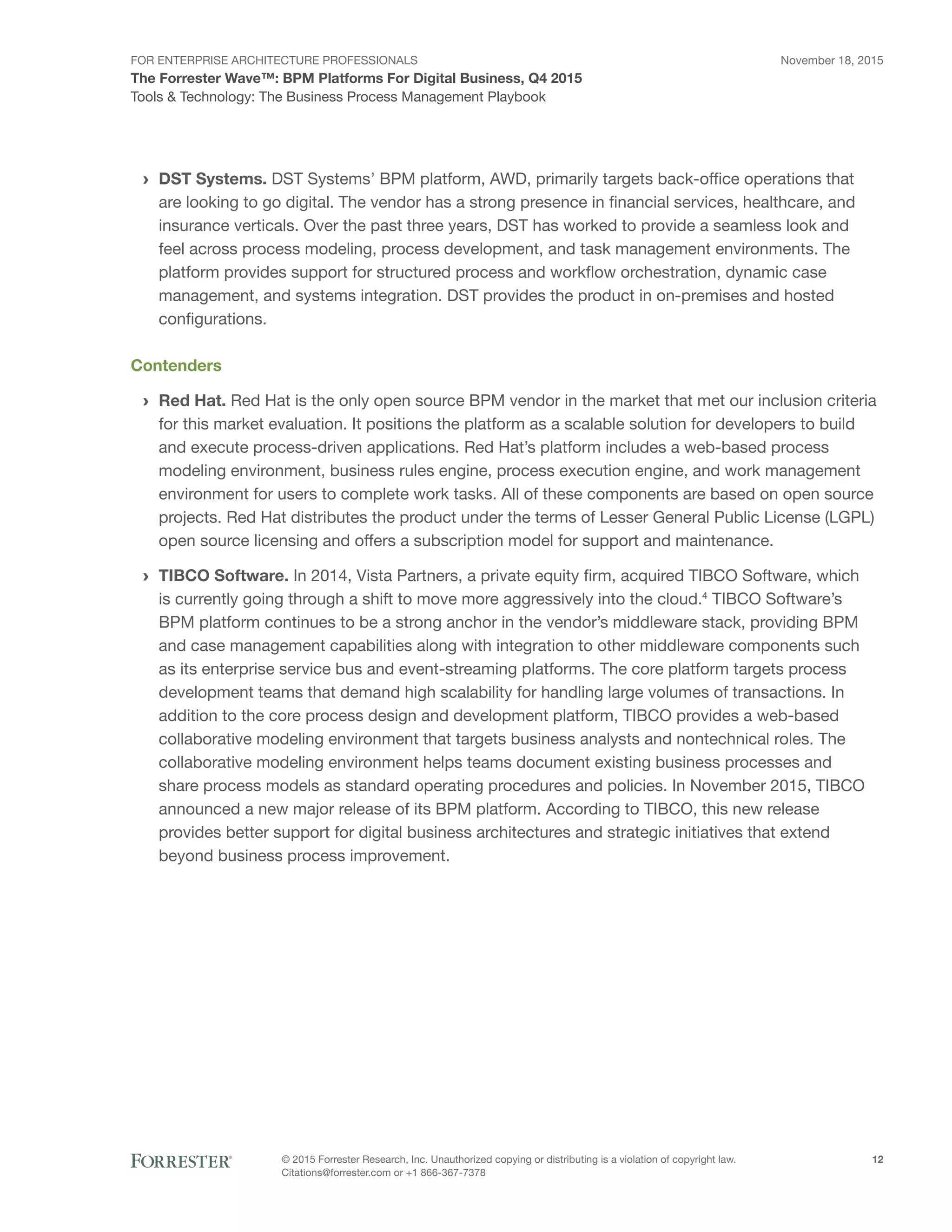 Forrester Wave | BPM Platforms for digital business 2015 | PDF