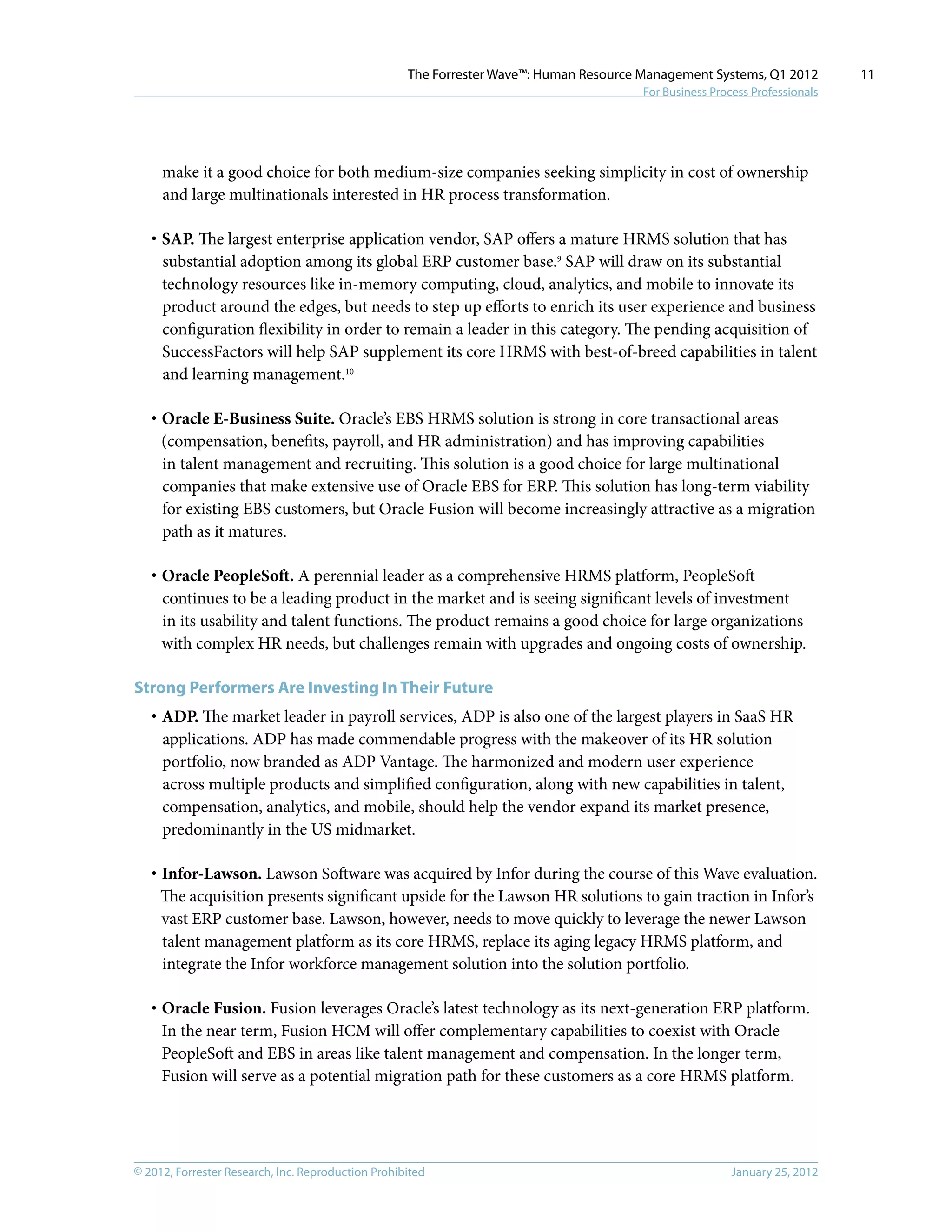 Forrester Wave Human Resource Management Systems Q1 2012 | PDF