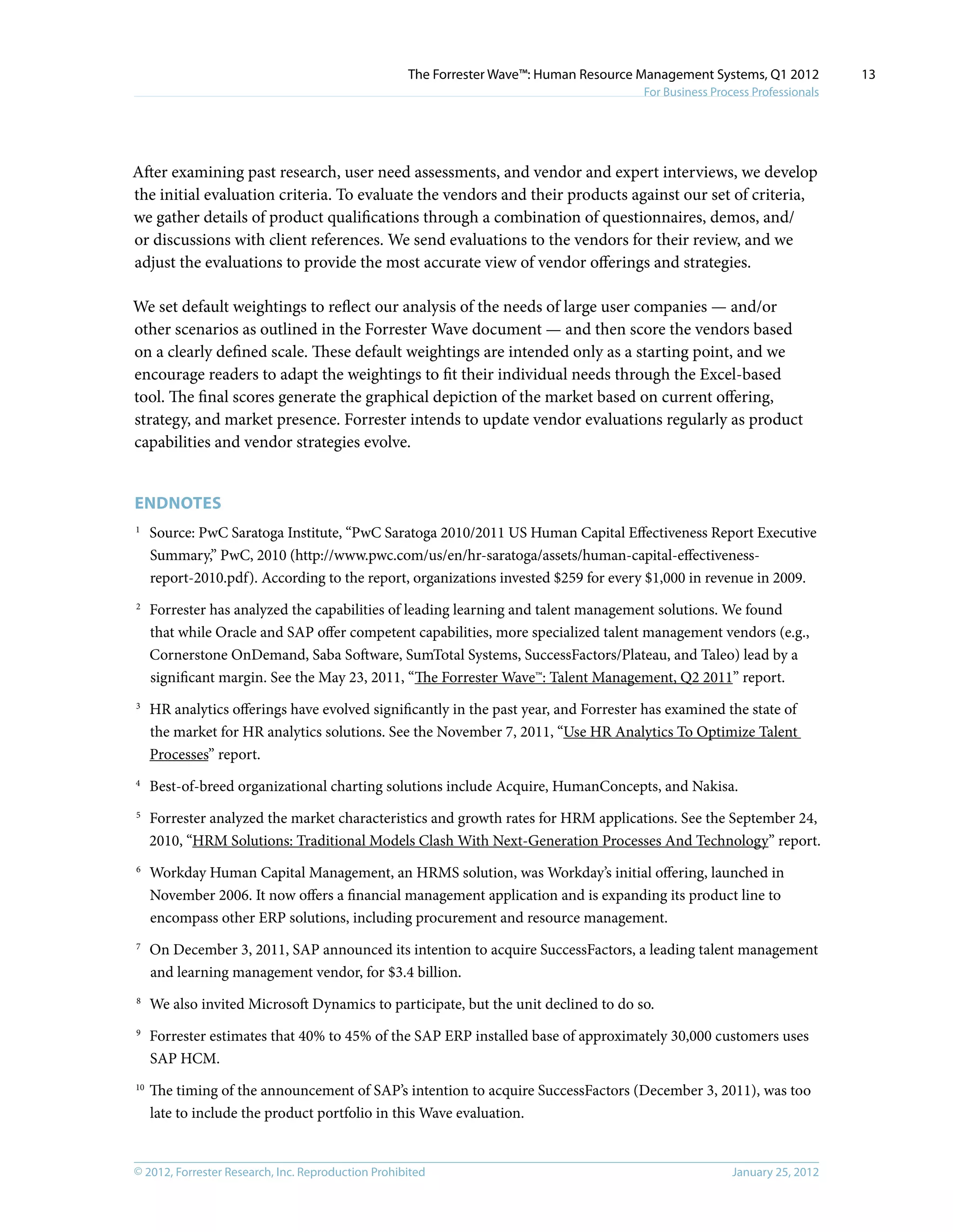 Forrester Wave Human Resource Management Systems Q1 2012 | PDF