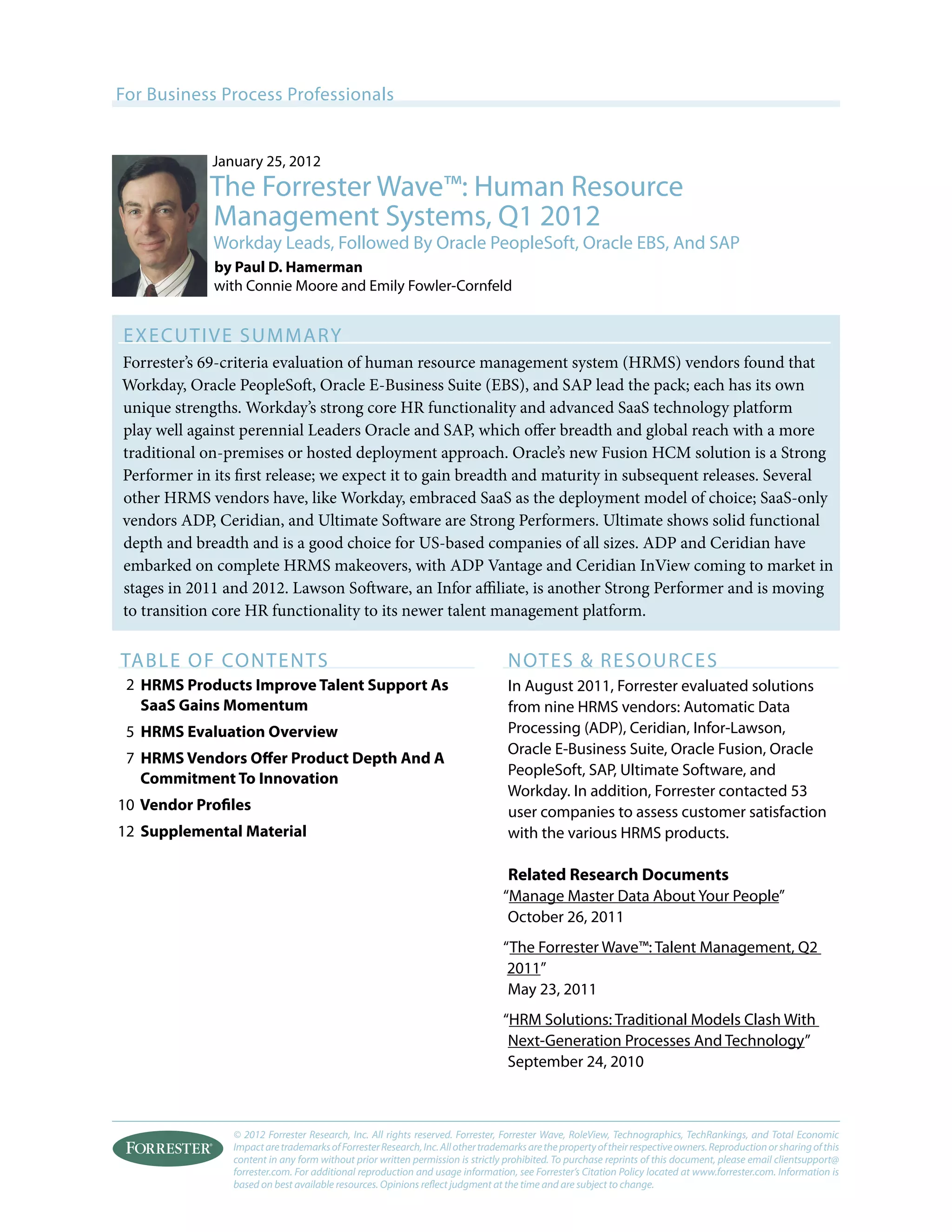 Forrester Wave Human Resource Management Systems Q1 2012 | PDF