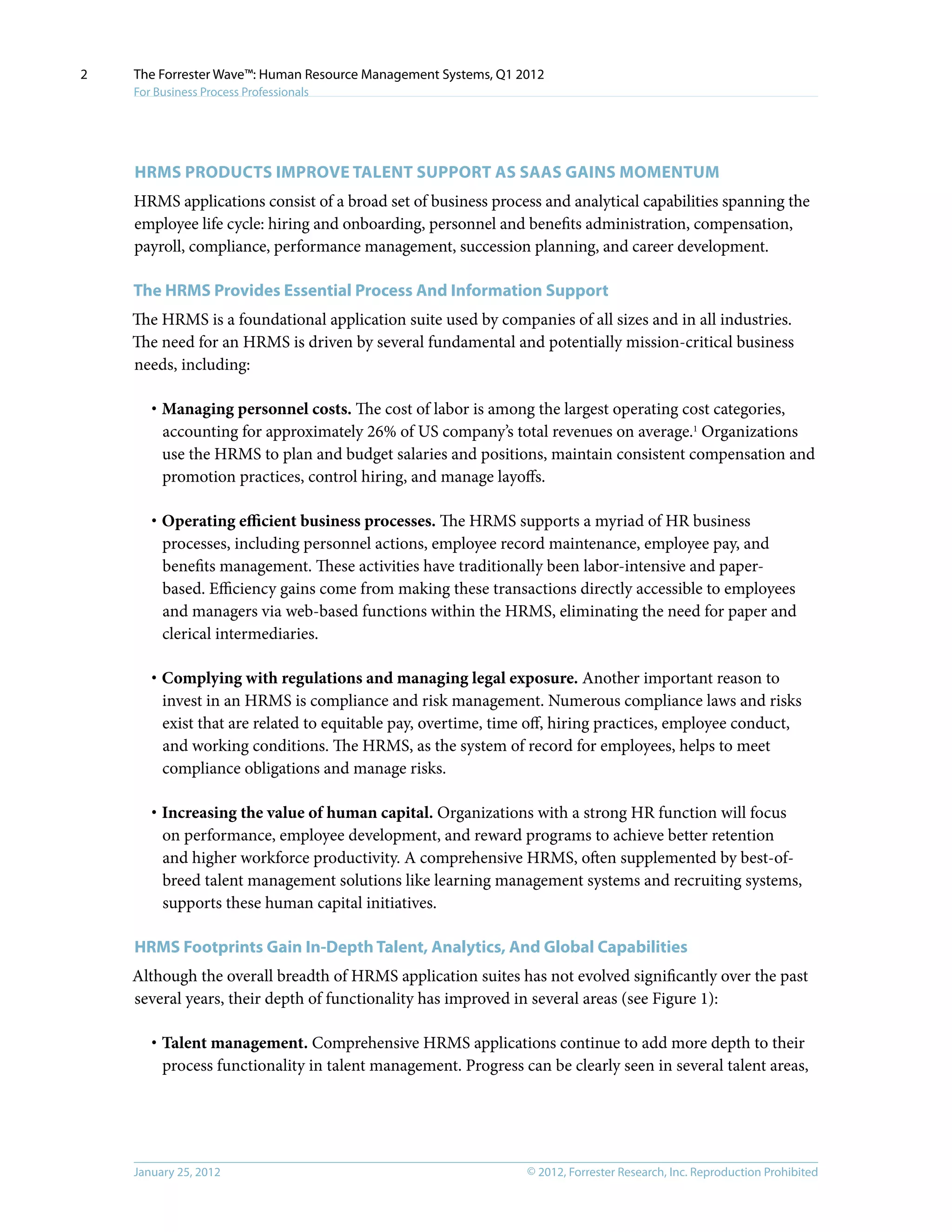 Forrester Wave Human Resource Management Systems Q1 2012 | PDF