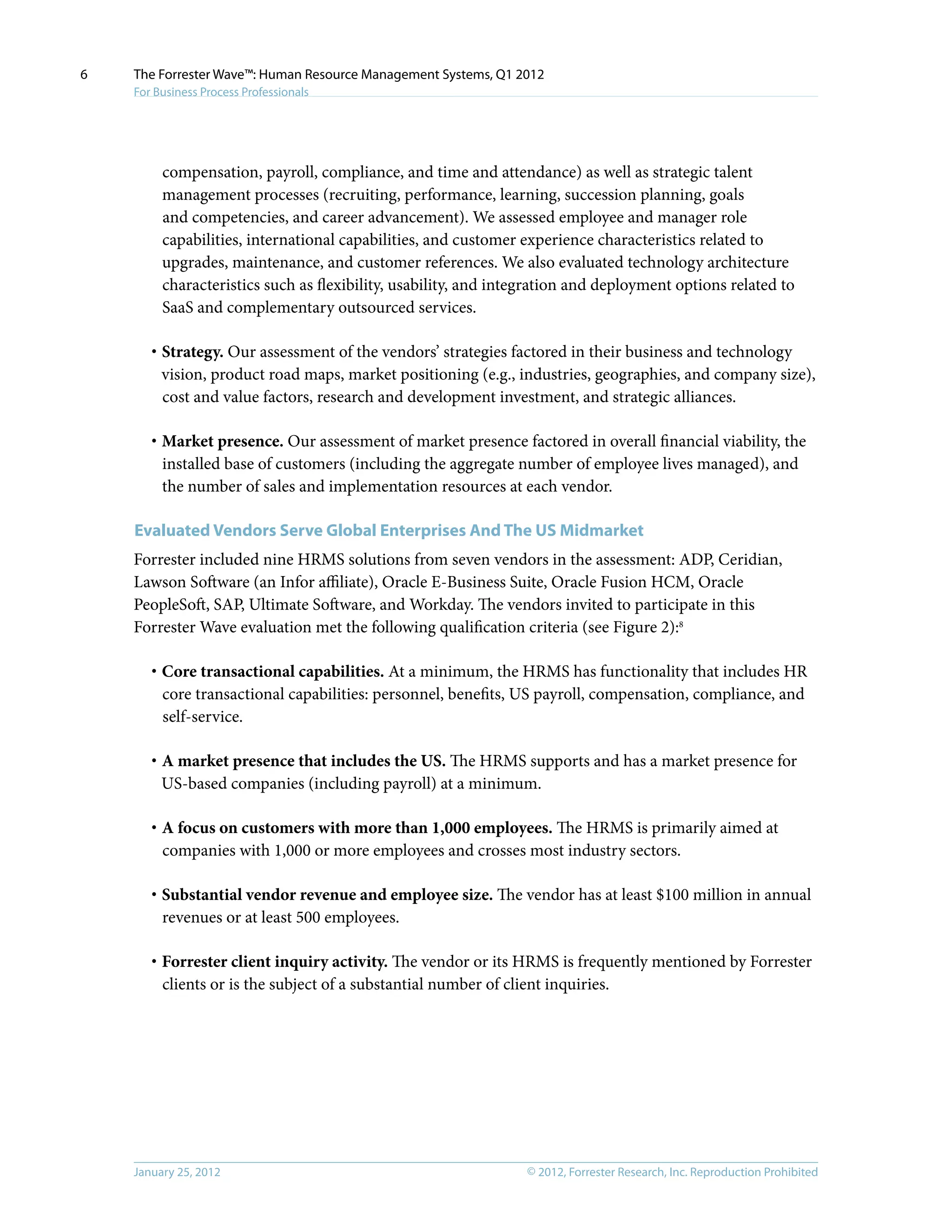 Forrester Wave Human Resource Management Systems Q1 2012 | PDF