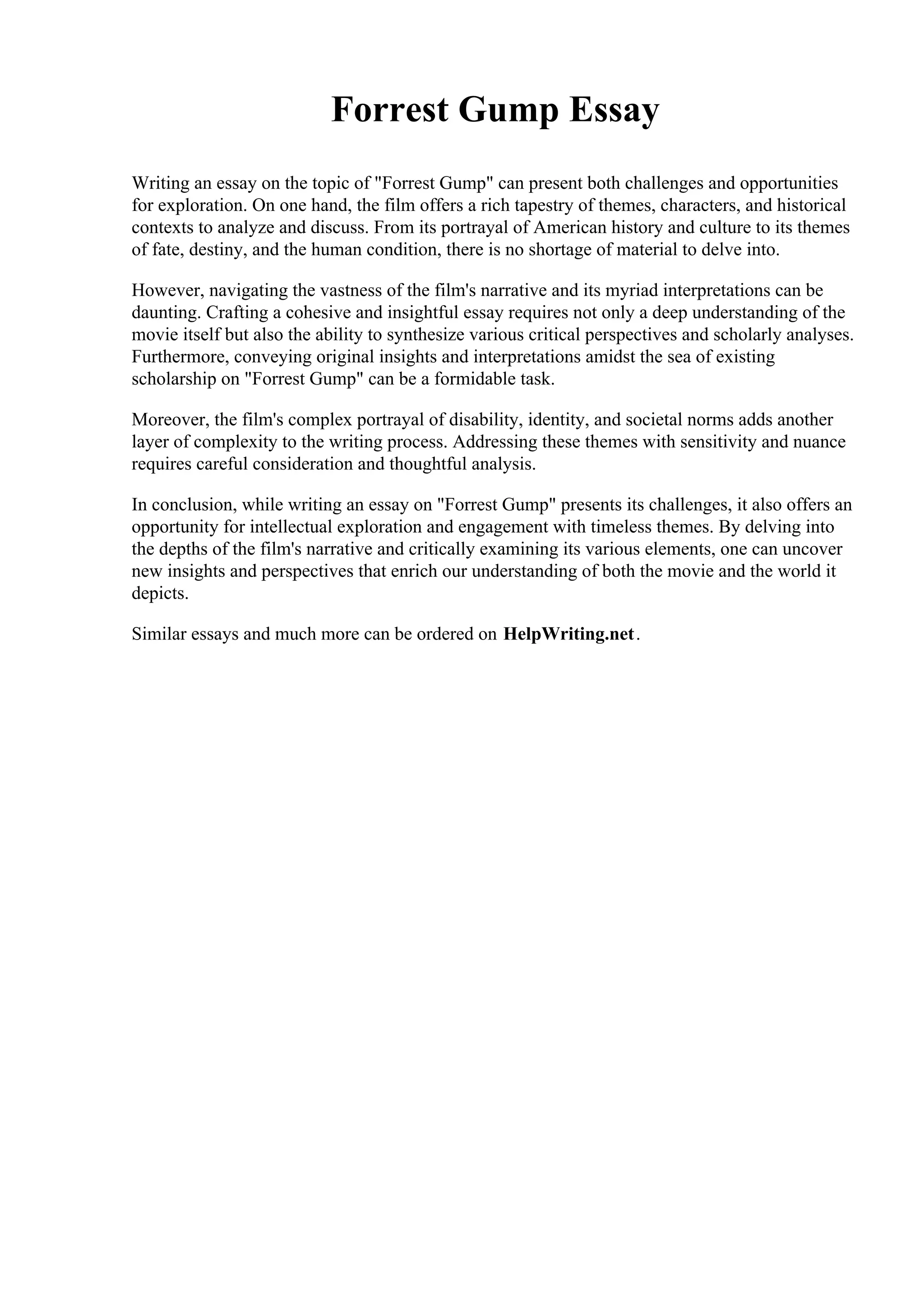 Forrest Gump Essay. Alamance Community College | PDF
