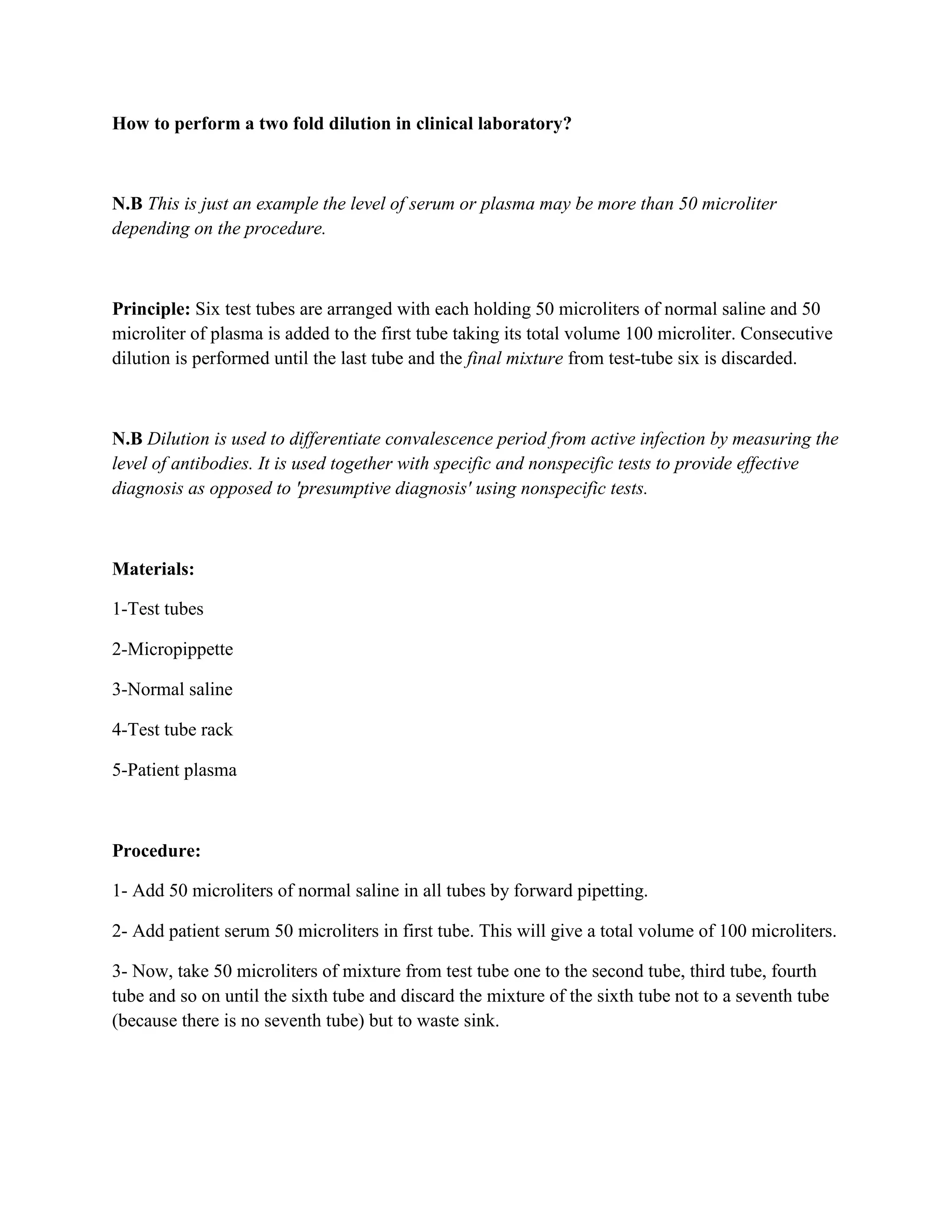 How to perform a two fold dilution in a clinical laboratory | PDF