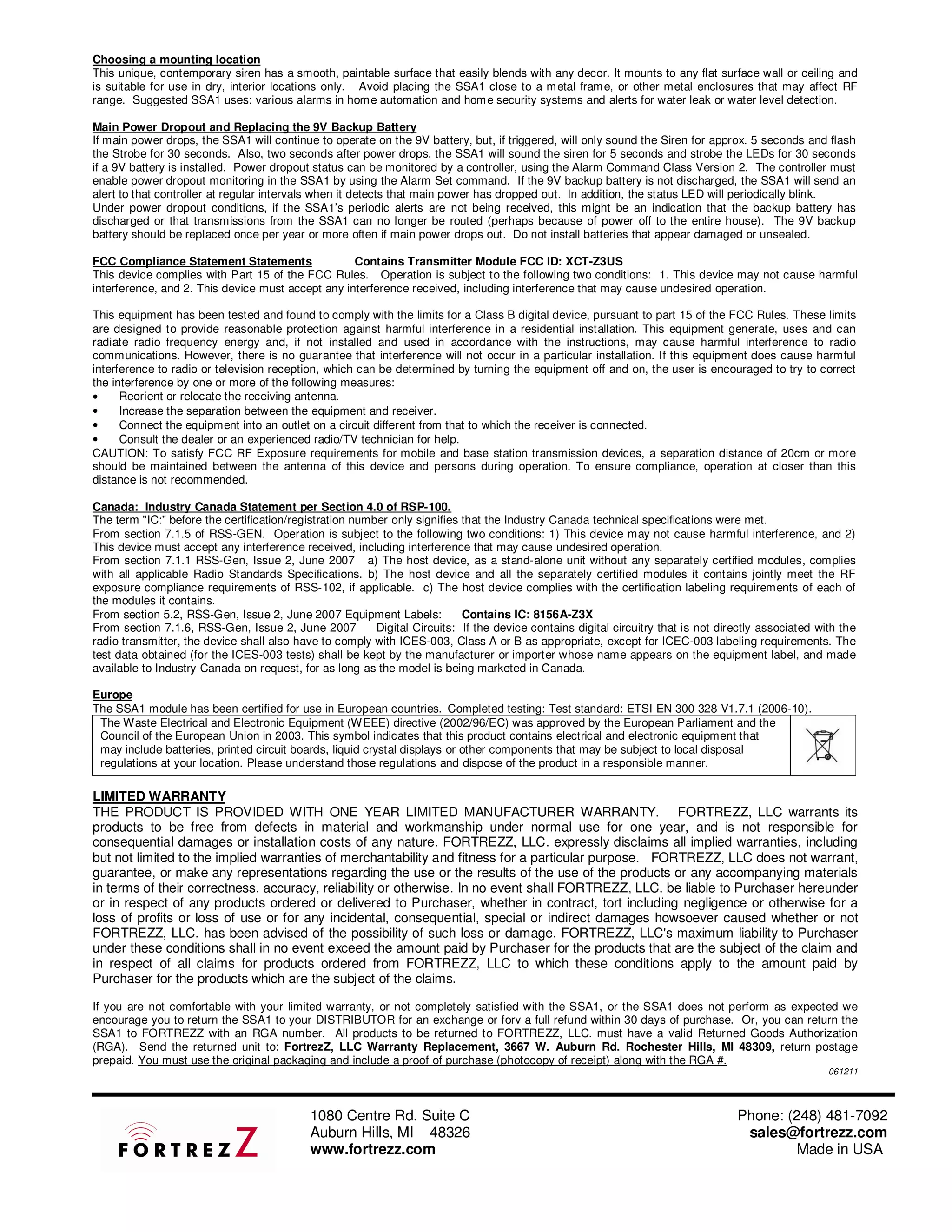 FortrezZ SSA Siren Manual | PDF