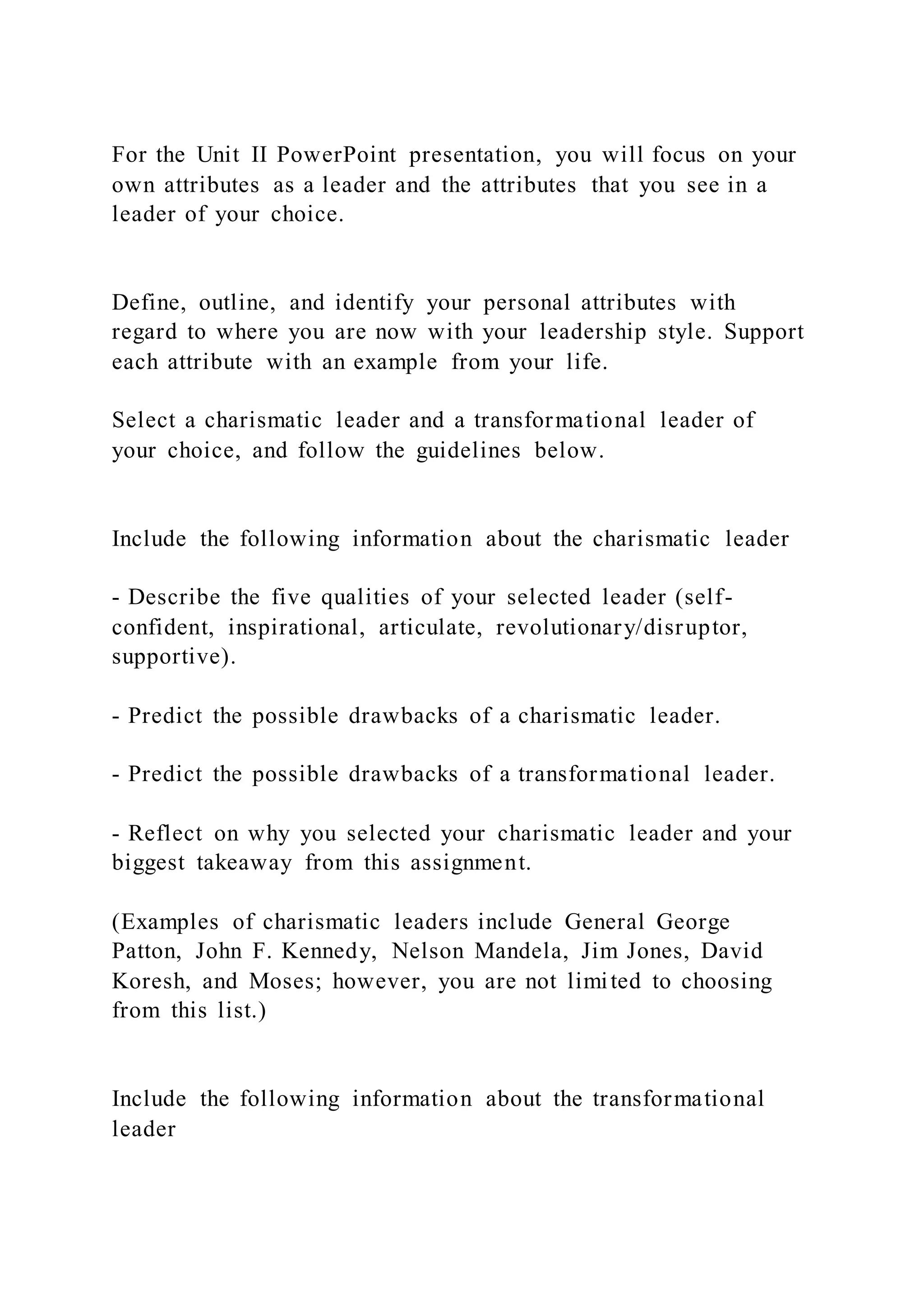 For the Unit II PowerPoint presentation, you will focus on your own | DOCX