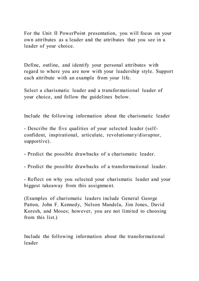 For the Unit II PowerPoint presentation, you will focus on your own | DOCX