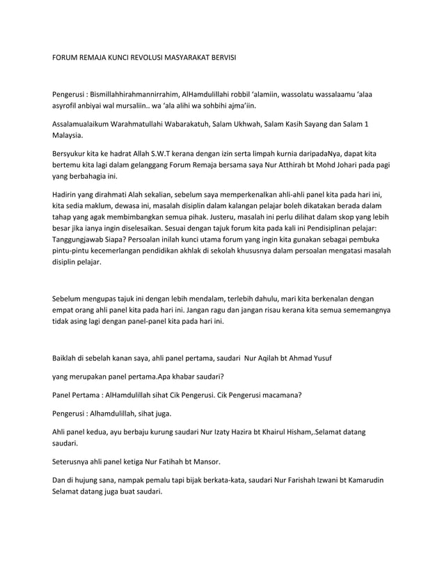 Forum remaja kunci revolusi masyarakat bervisi | DOCX