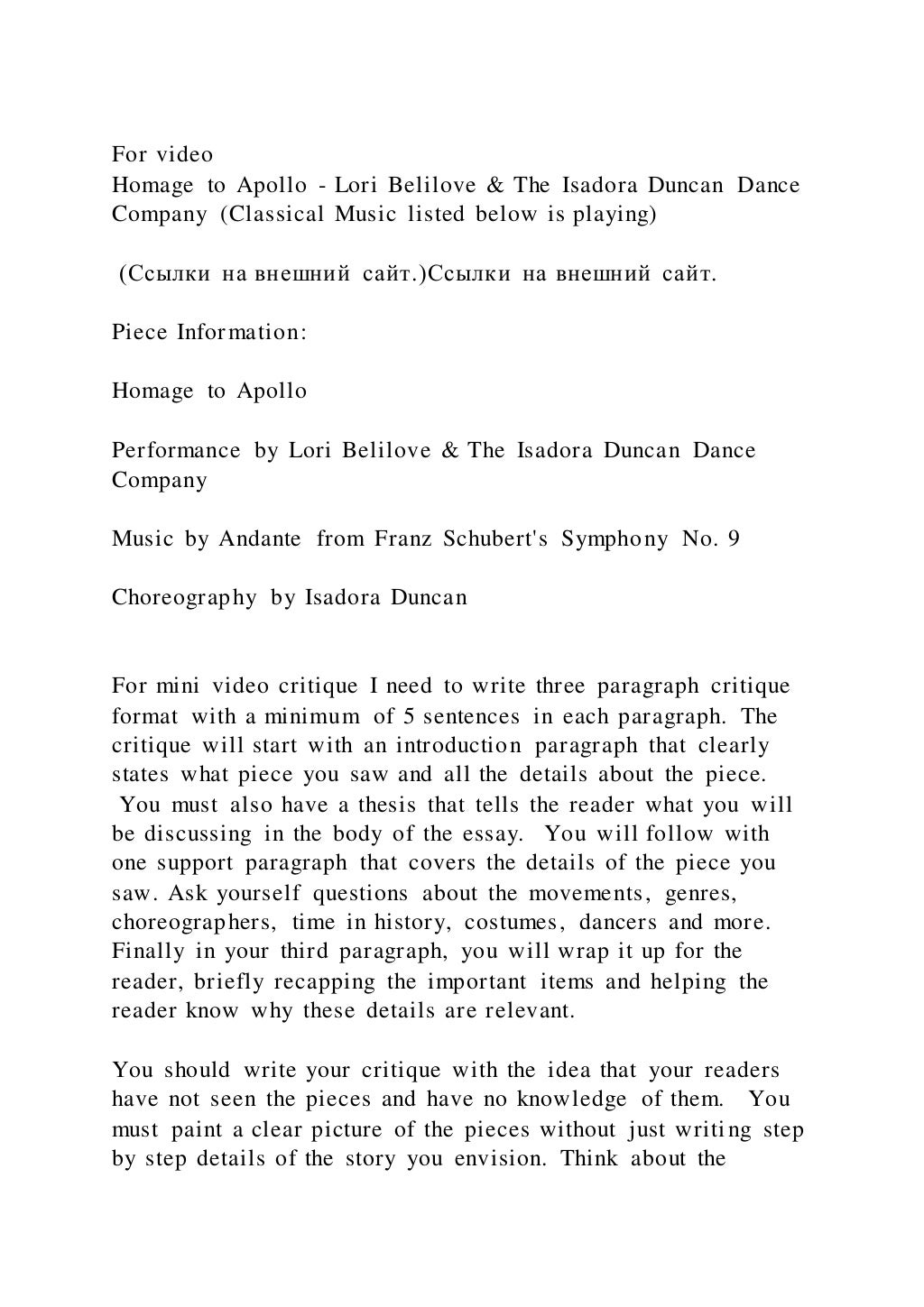 For video Homage to Apollo - Lori Belilove & The Isadora Duncan Da | DOCX