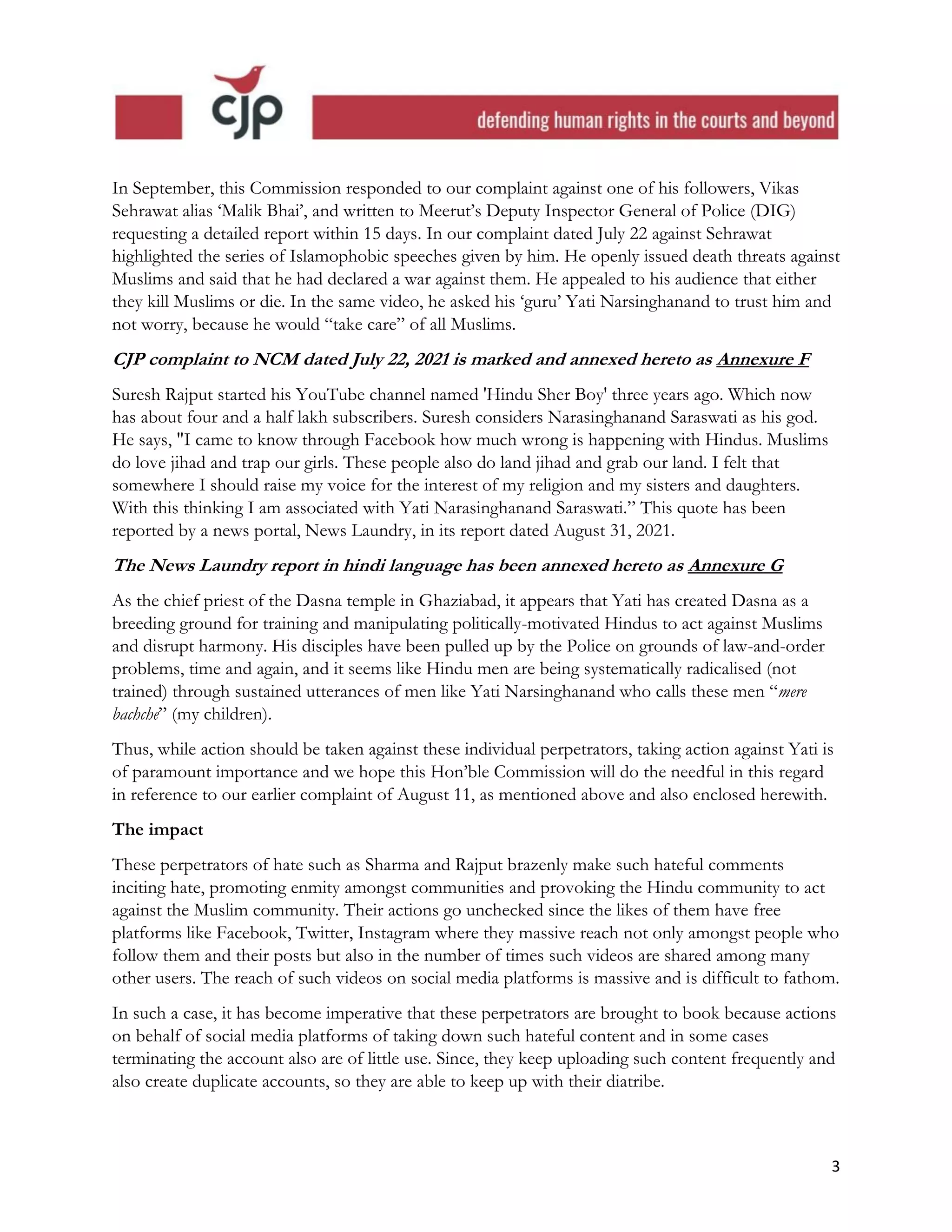 For website 211112 cjp ncm complaint suresh rajput (chairperson) | PDF