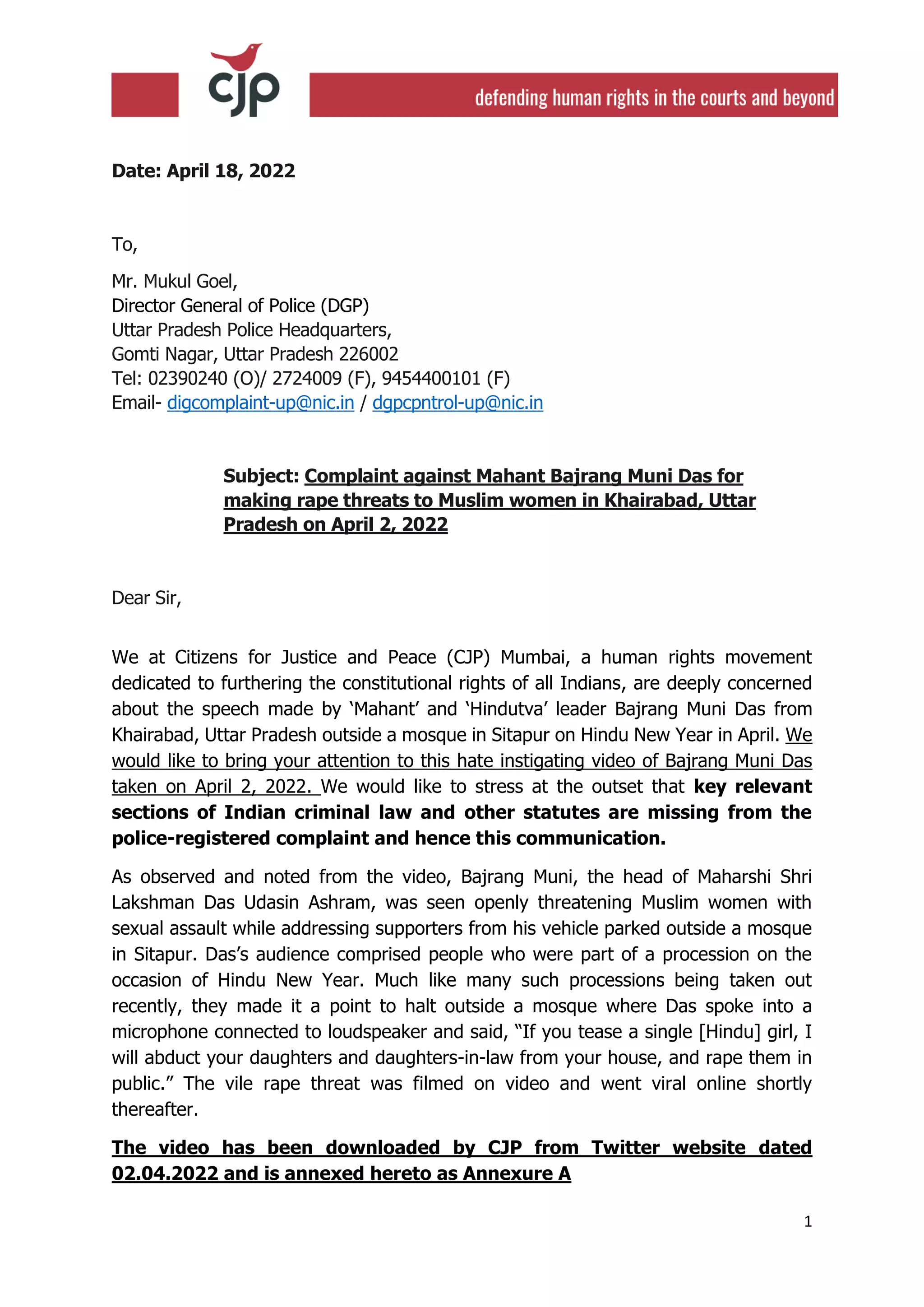 For Website REVISED 220418 - CJP complaint DGP UP Bajrang Muni Das (1).pdf