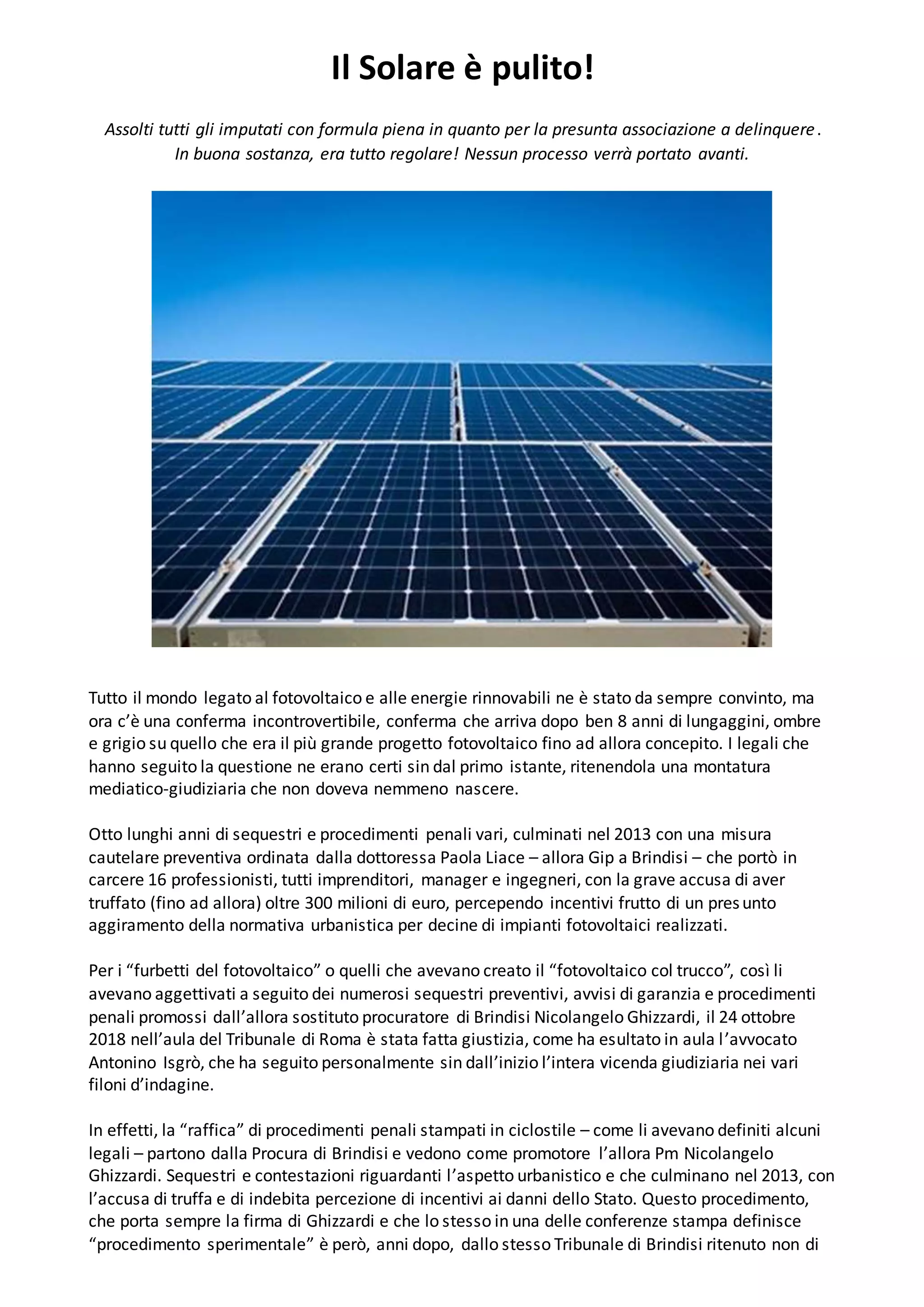 Fotovoltaico col trucco assolti tutti gli imputati con formula piena | DOCX