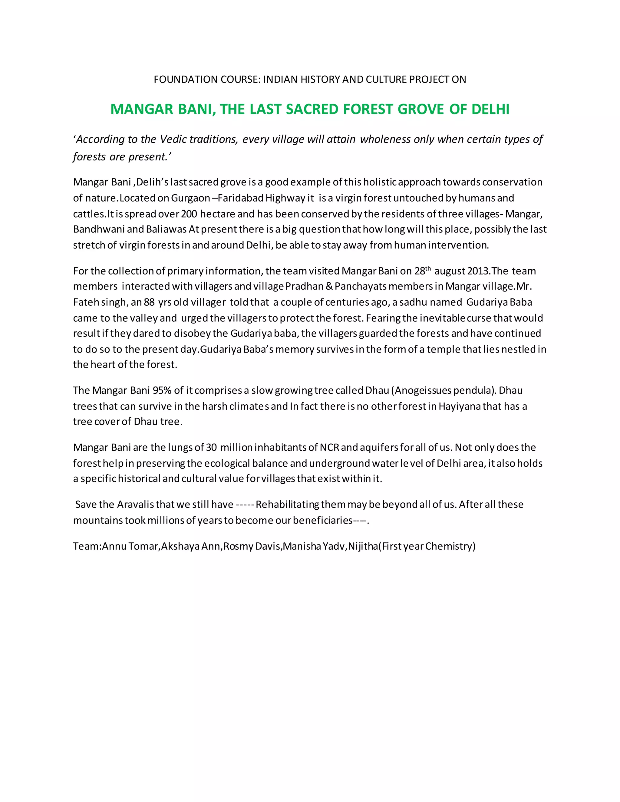 Mangar Bani : The Sacred Grove | DOCX