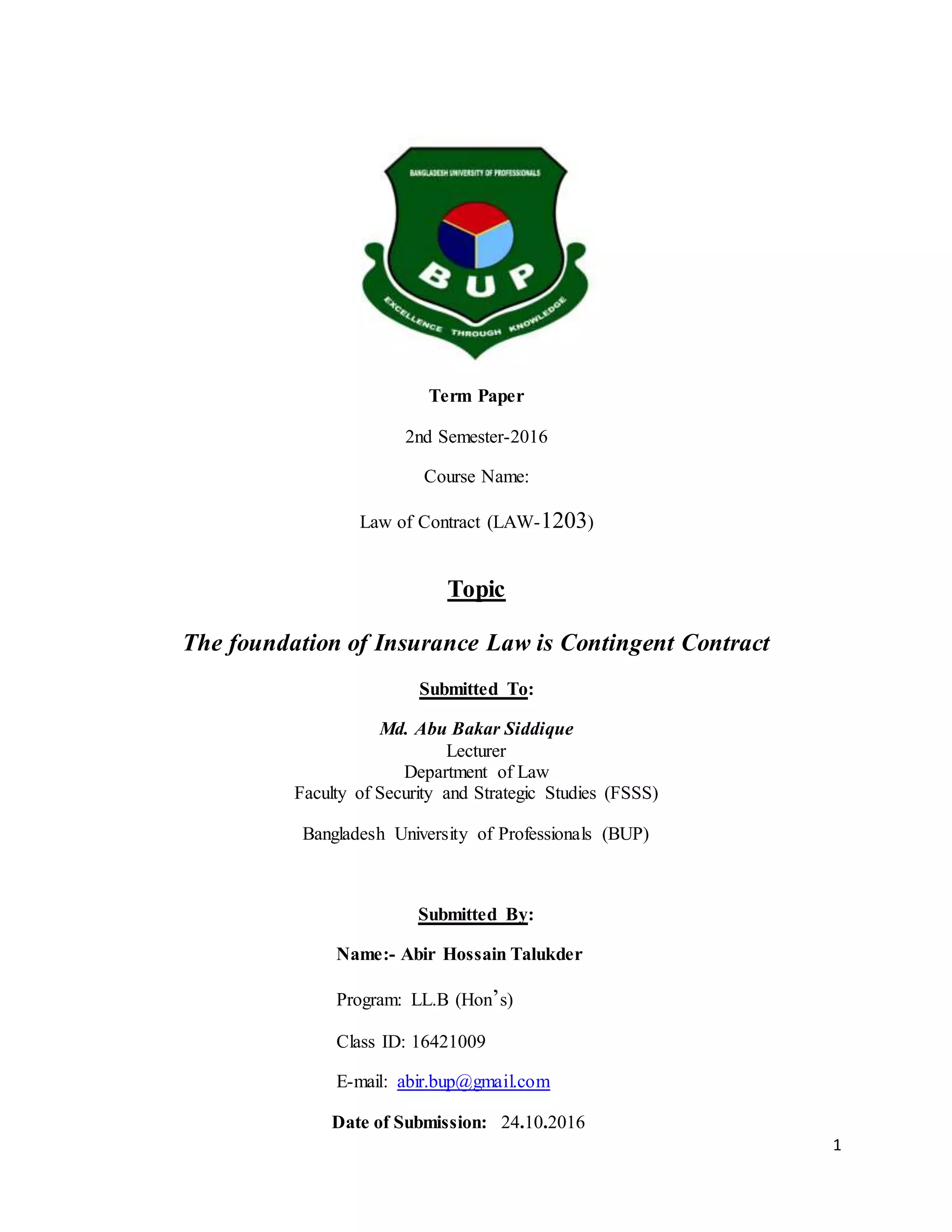 Foundation of insurance law is a contingent contract | DOCX | Life ...