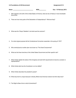 Foundations of us government questions 2012 2013 | PDF