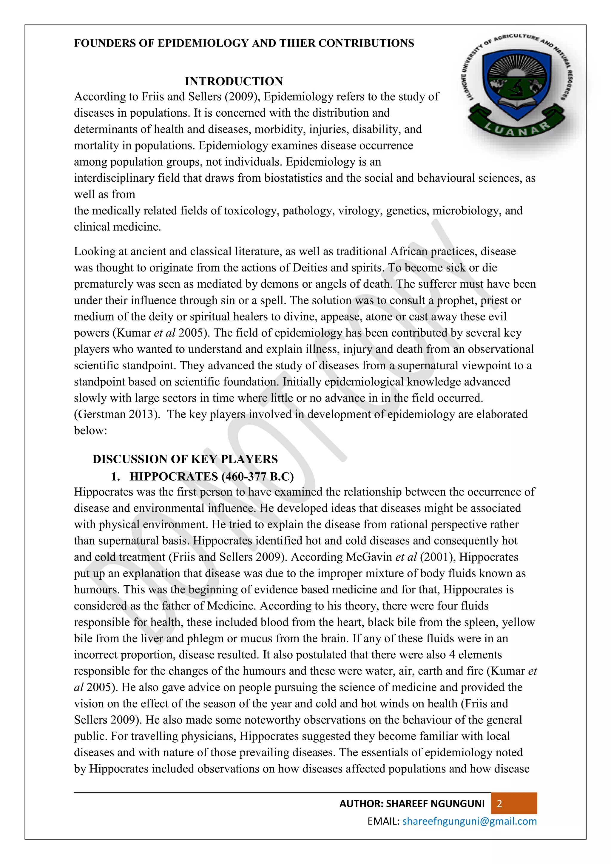 Founders of epidemiology and thier contributions | PDF