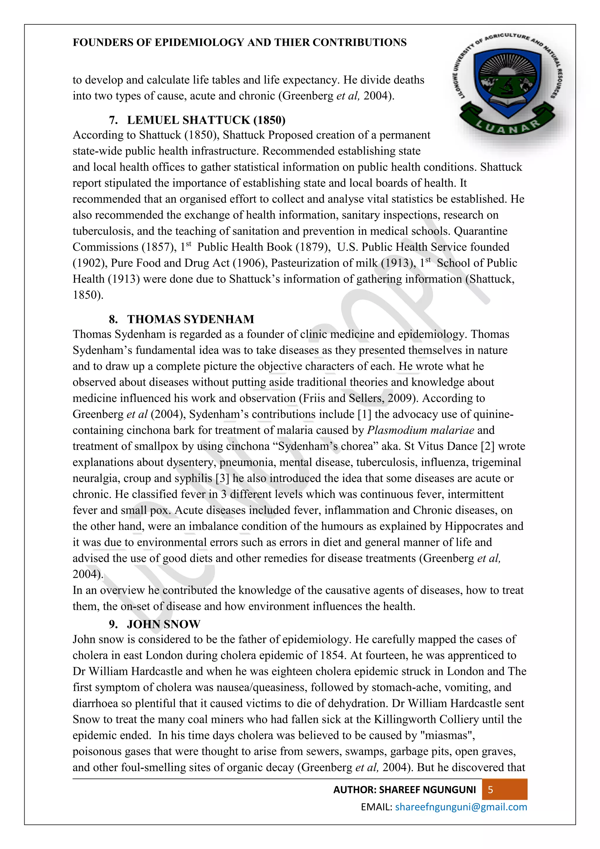 Founders of epidemiology and thier contributions | PDF