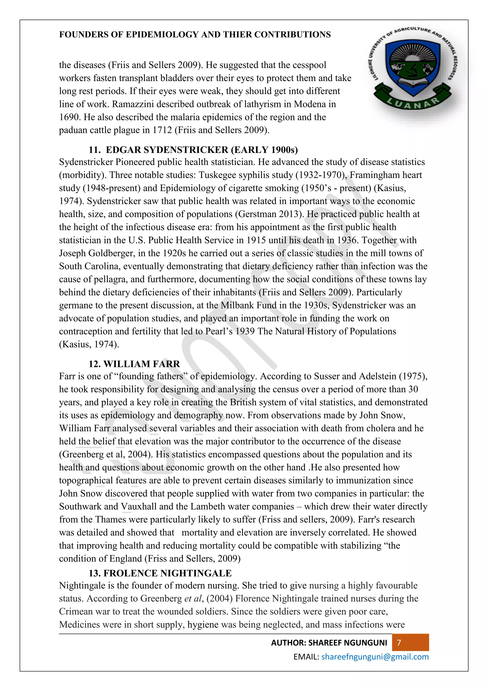 Founders of epidemiology and thier contributions | PDF