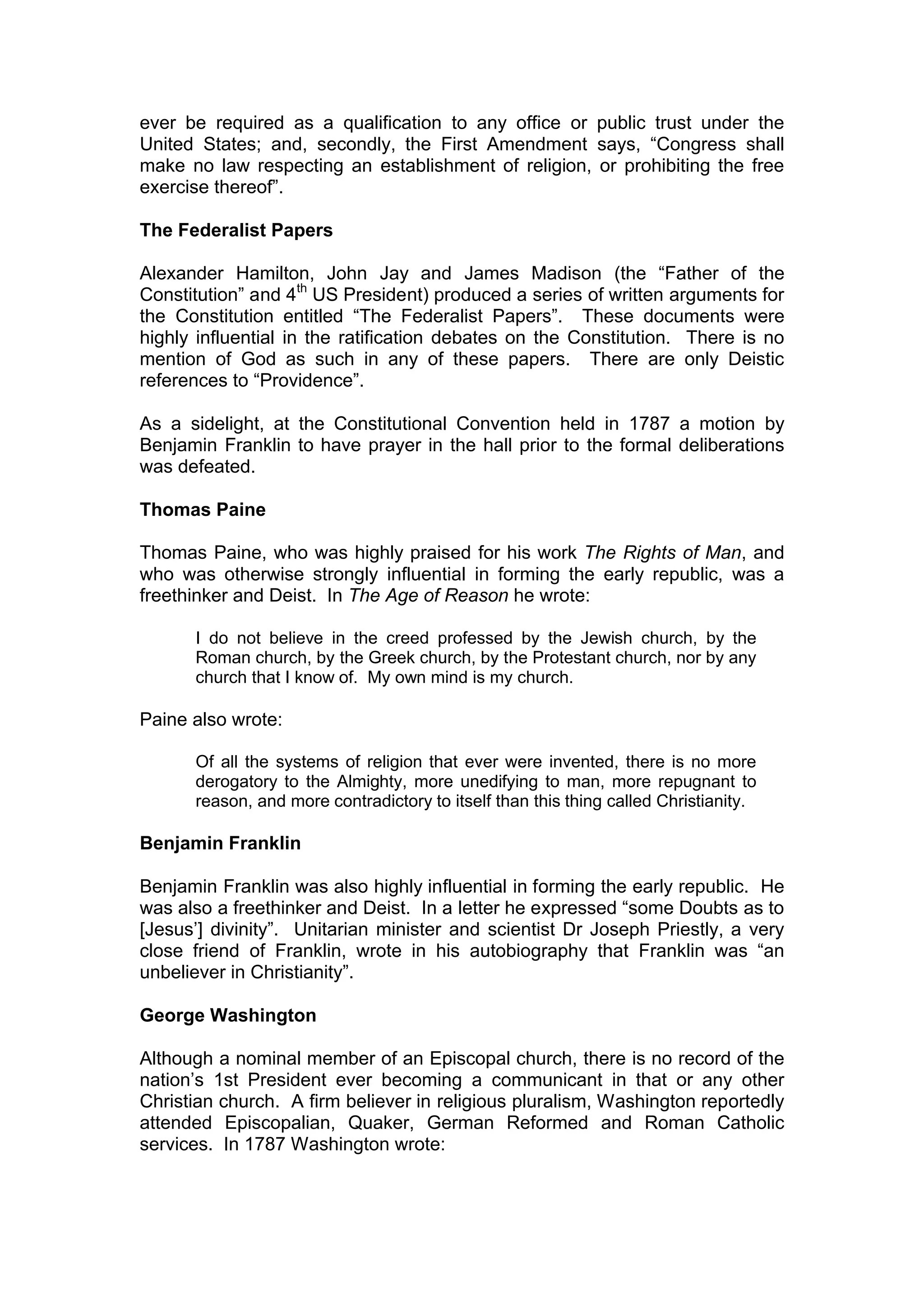 THE RELIGIOUS BELIEFS OF THE FOUNDING FATHERS OF THE UNITED STATES OF ...