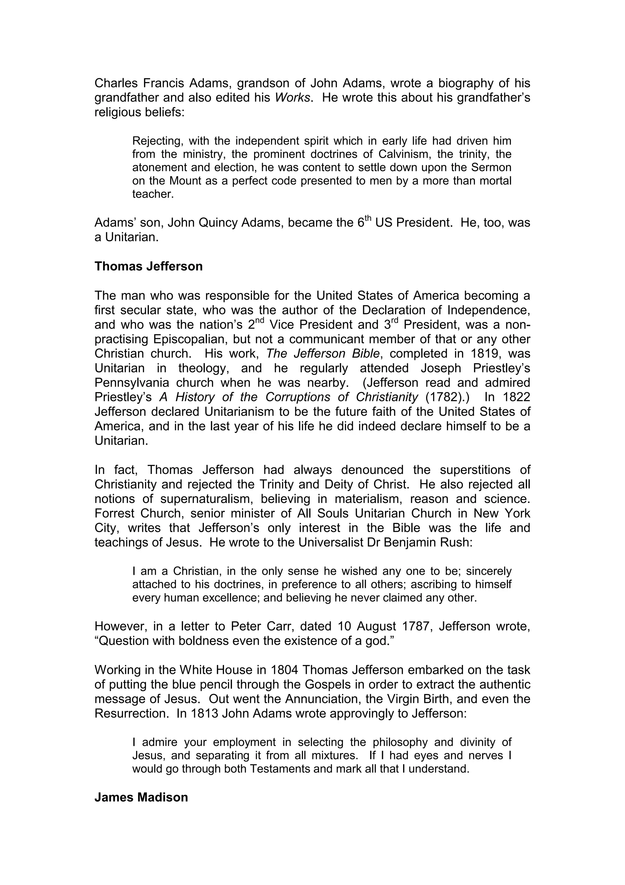 THE RELIGIOUS BELIEFS OF THE FOUNDING FATHERS OF THE UNITED STATES OF ...