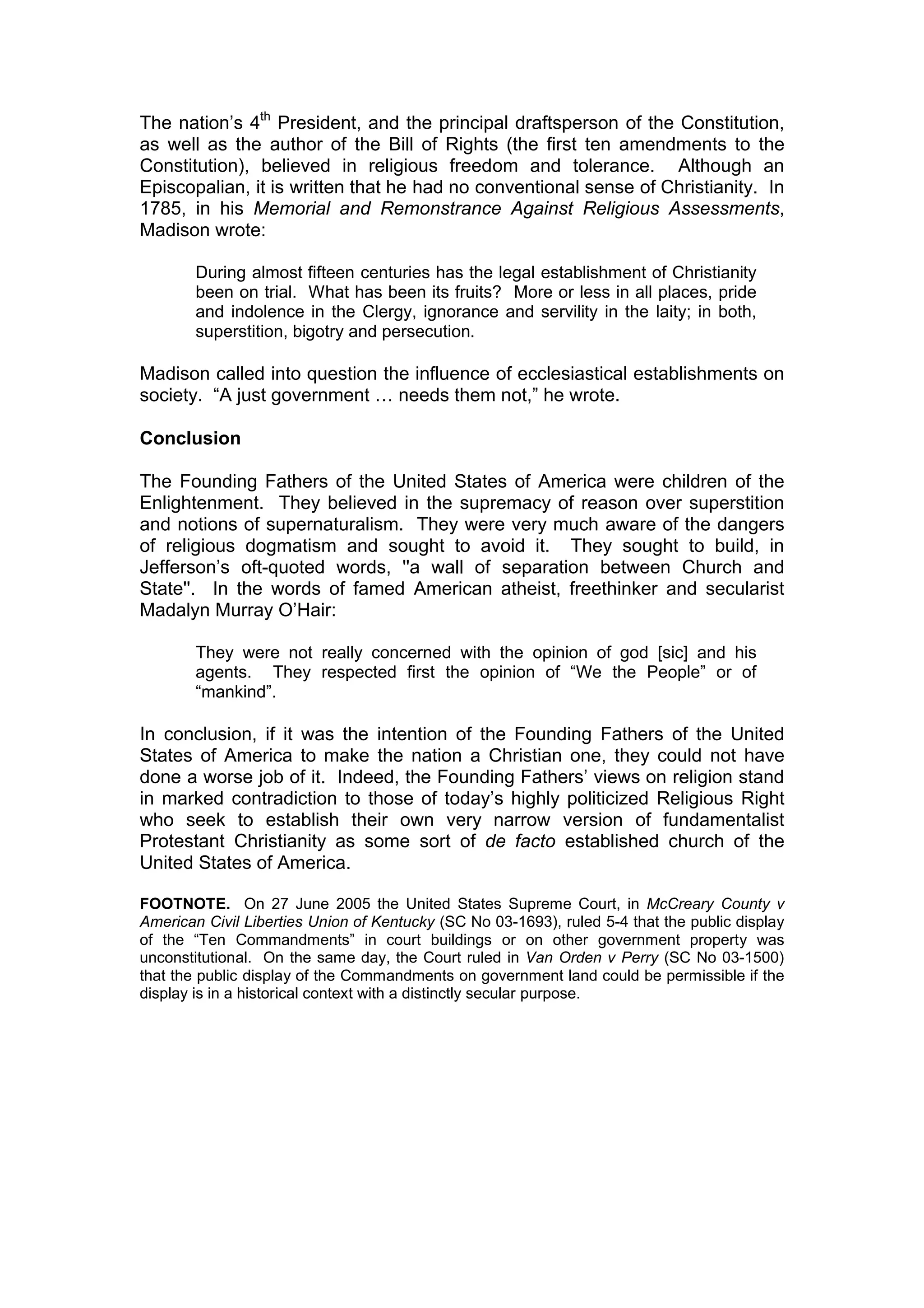 THE RELIGIOUS BELIEFS OF THE FOUNDING FATHERS OF THE UNITED STATES OF ...