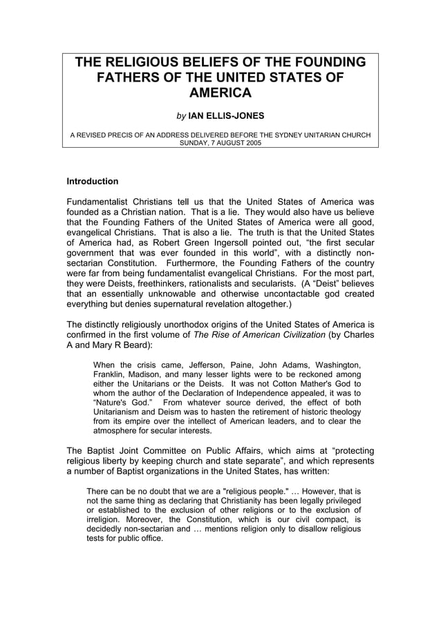 THE RELIGIOUS BELIEFS OF THE FOUNDING FATHERS OF THE UNITED STATES OF ...