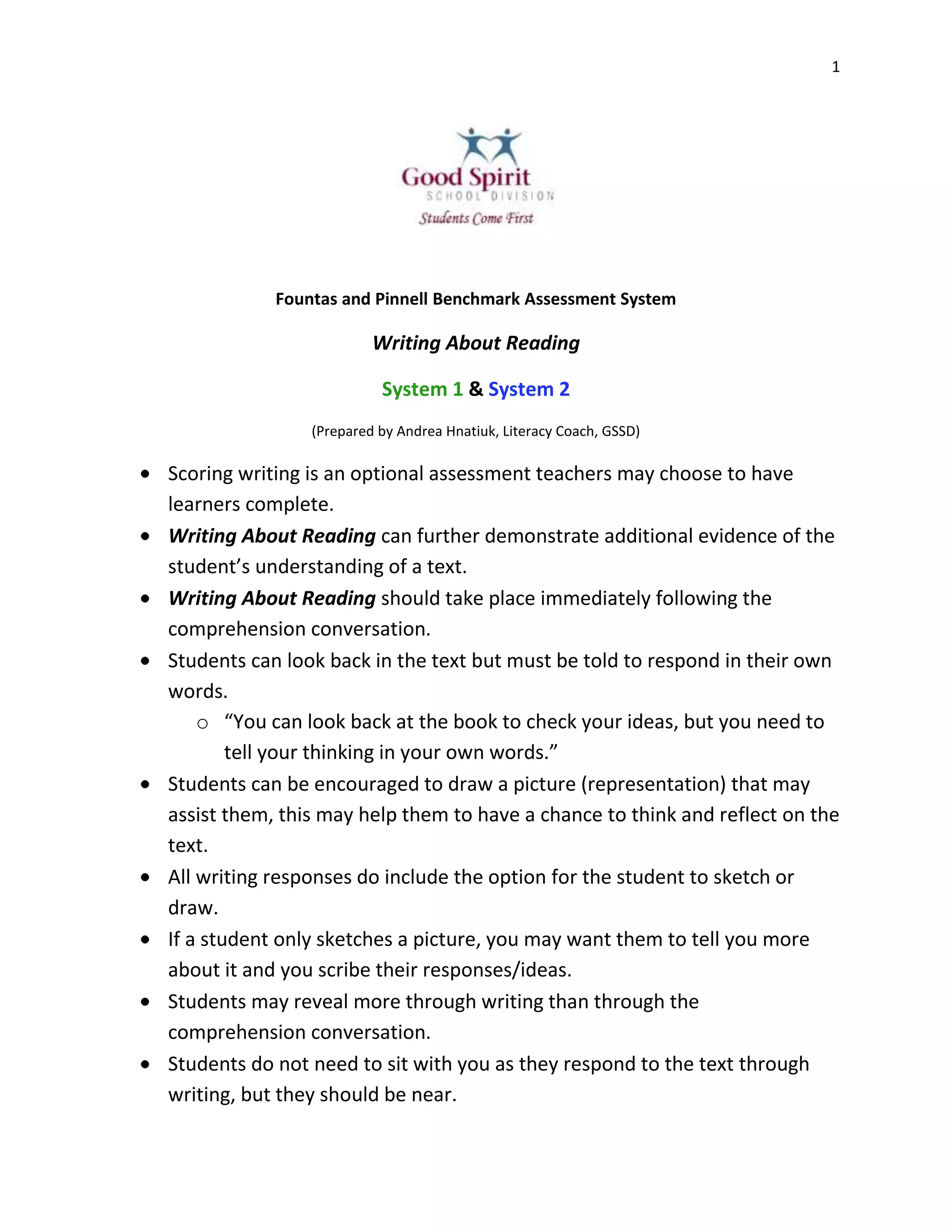 Fountas and pinnell writing assessment | DOCX